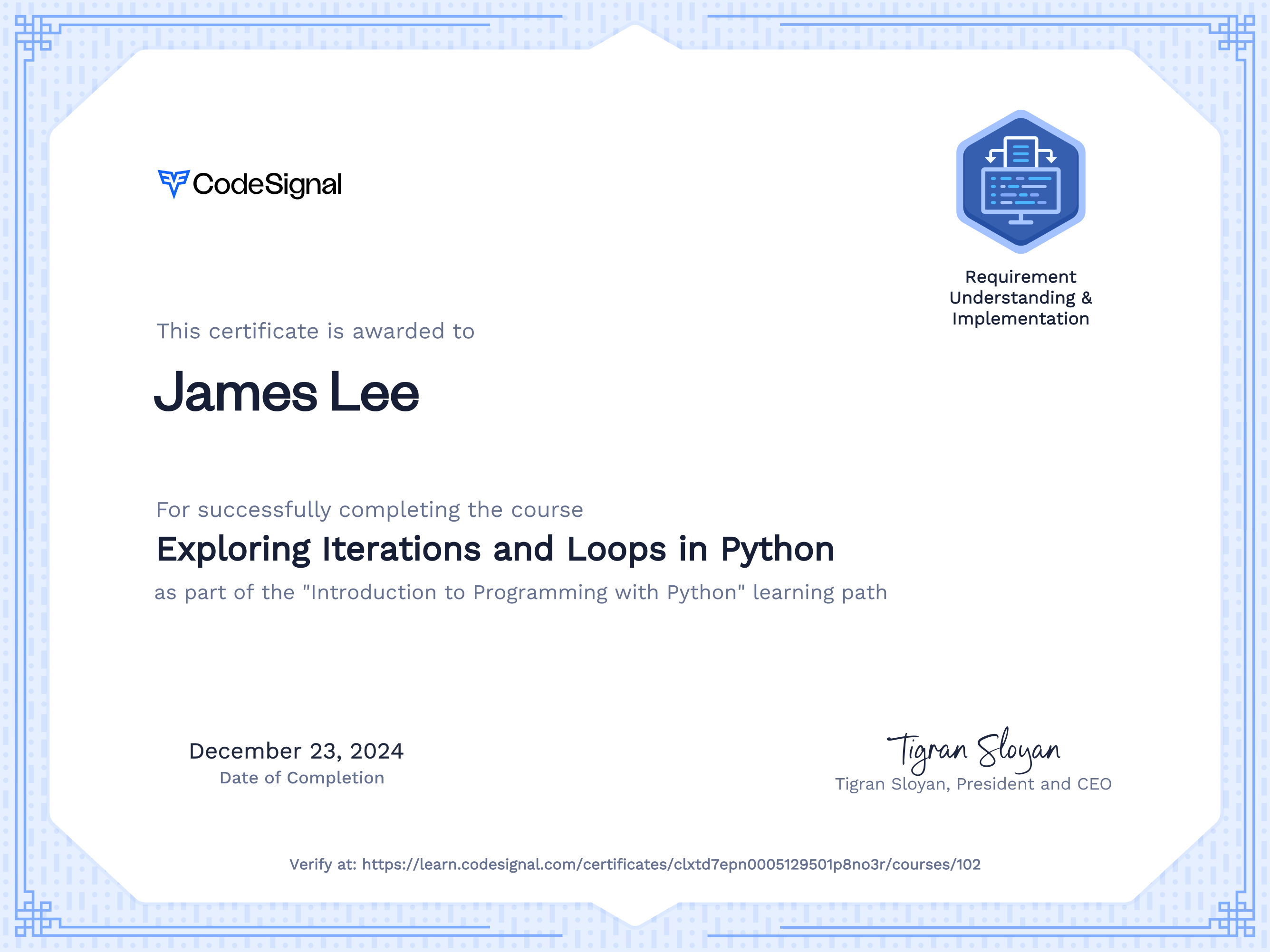 Course certificate for Exploring Iterations and Loops in Python ...