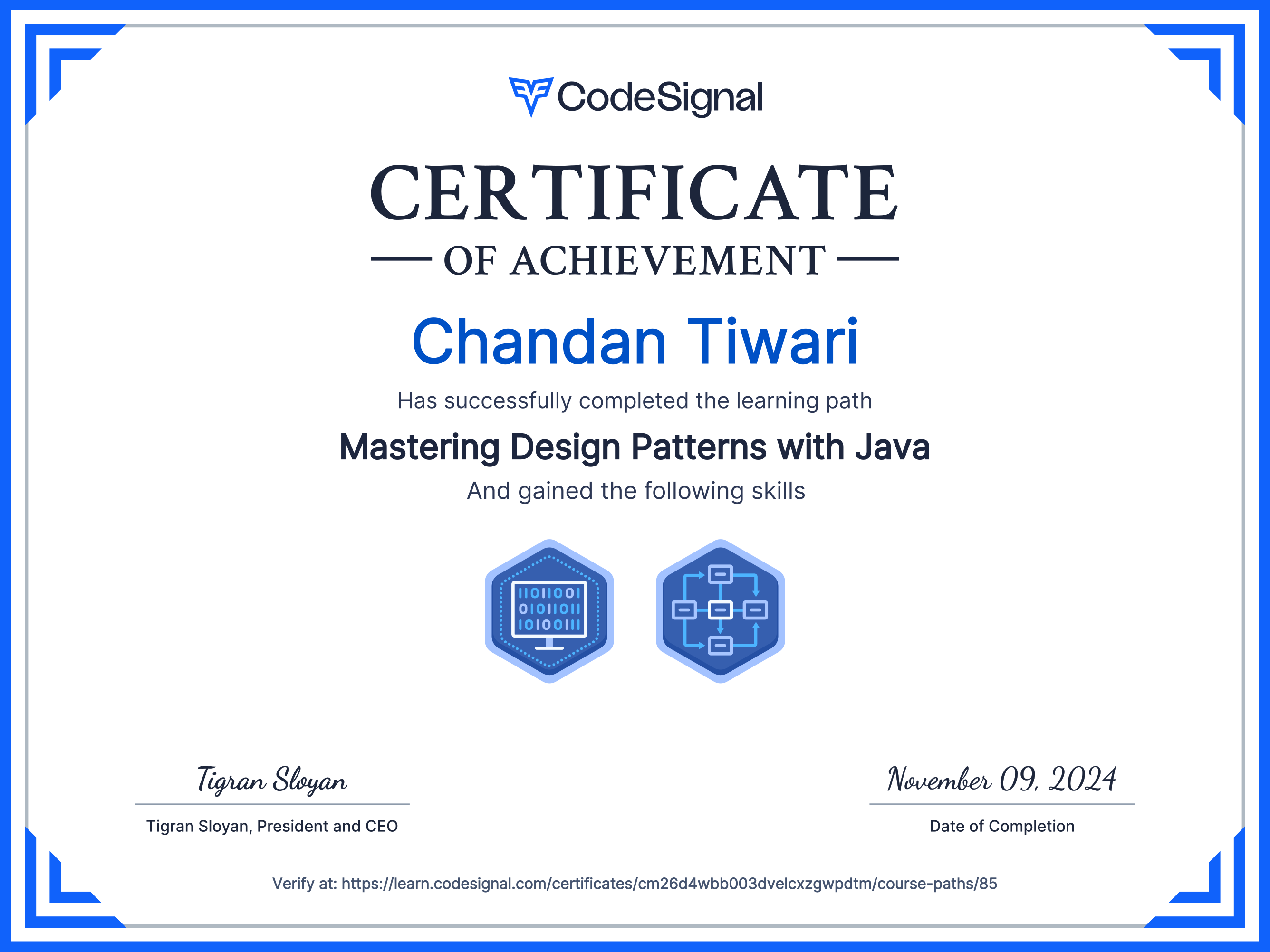 Path certificate for Mastering Design Patterns with Java | CodeSignal Learn
