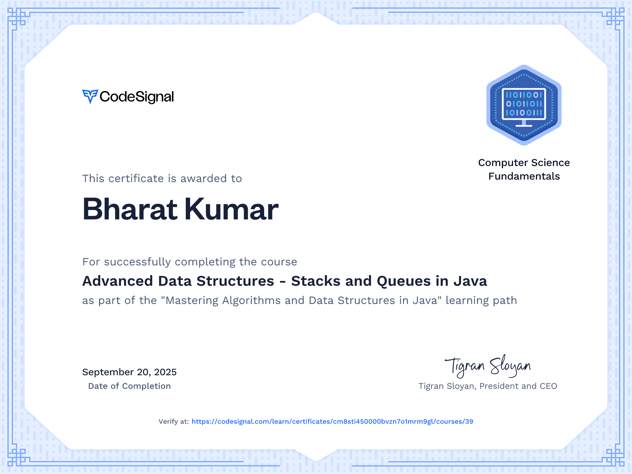Course certificate for Advanced Data Structures - Stacks and Queues in ...