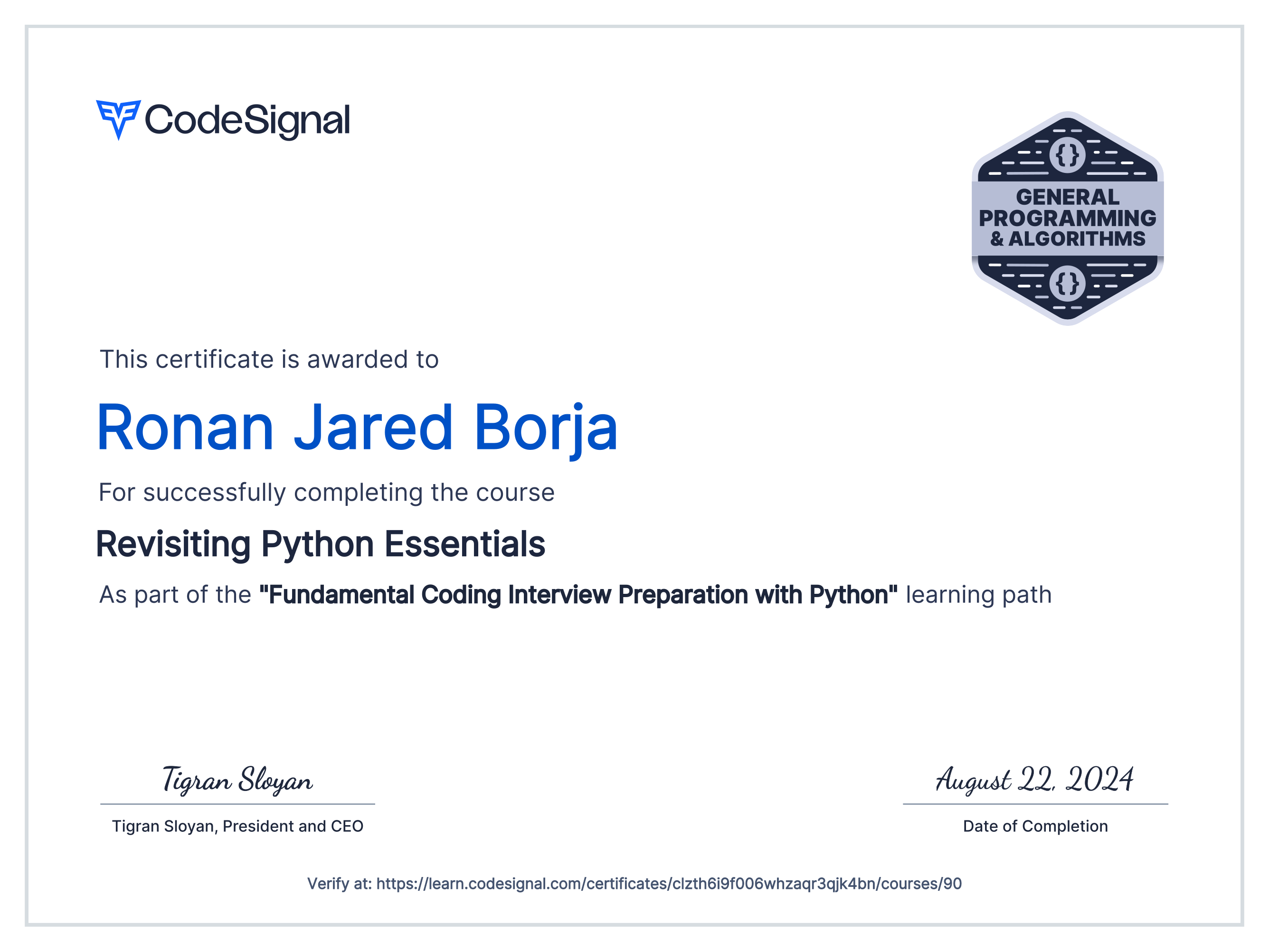 Course certificate for Revisiting Python Essentials | CodeSignal Learn