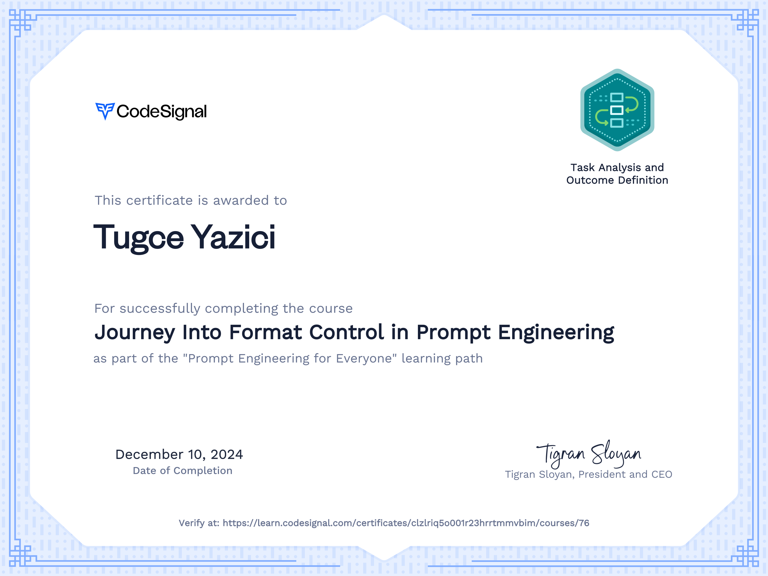 Course certificate for Journey Into Format Control in Prompt Engineering | CodeSignal Learn