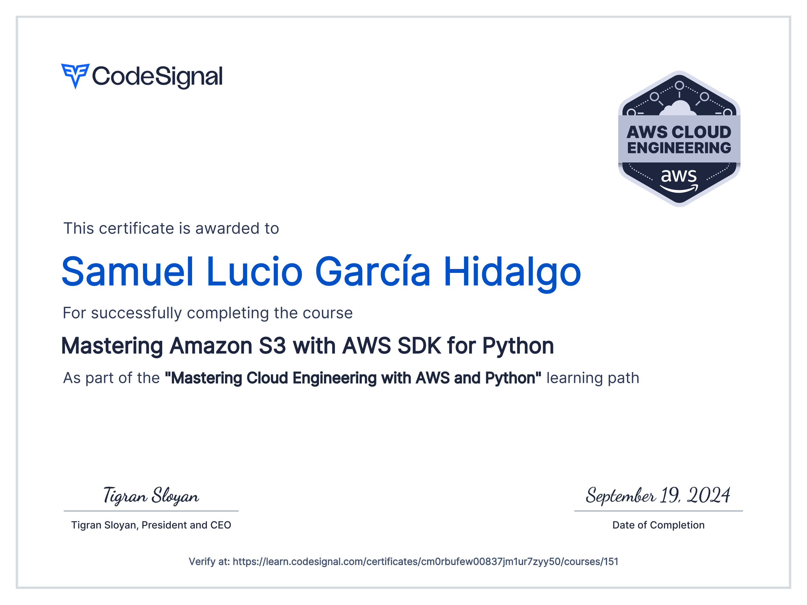 Course certificate for Mastering Amazon S3 with AWS SDK for Python ...
