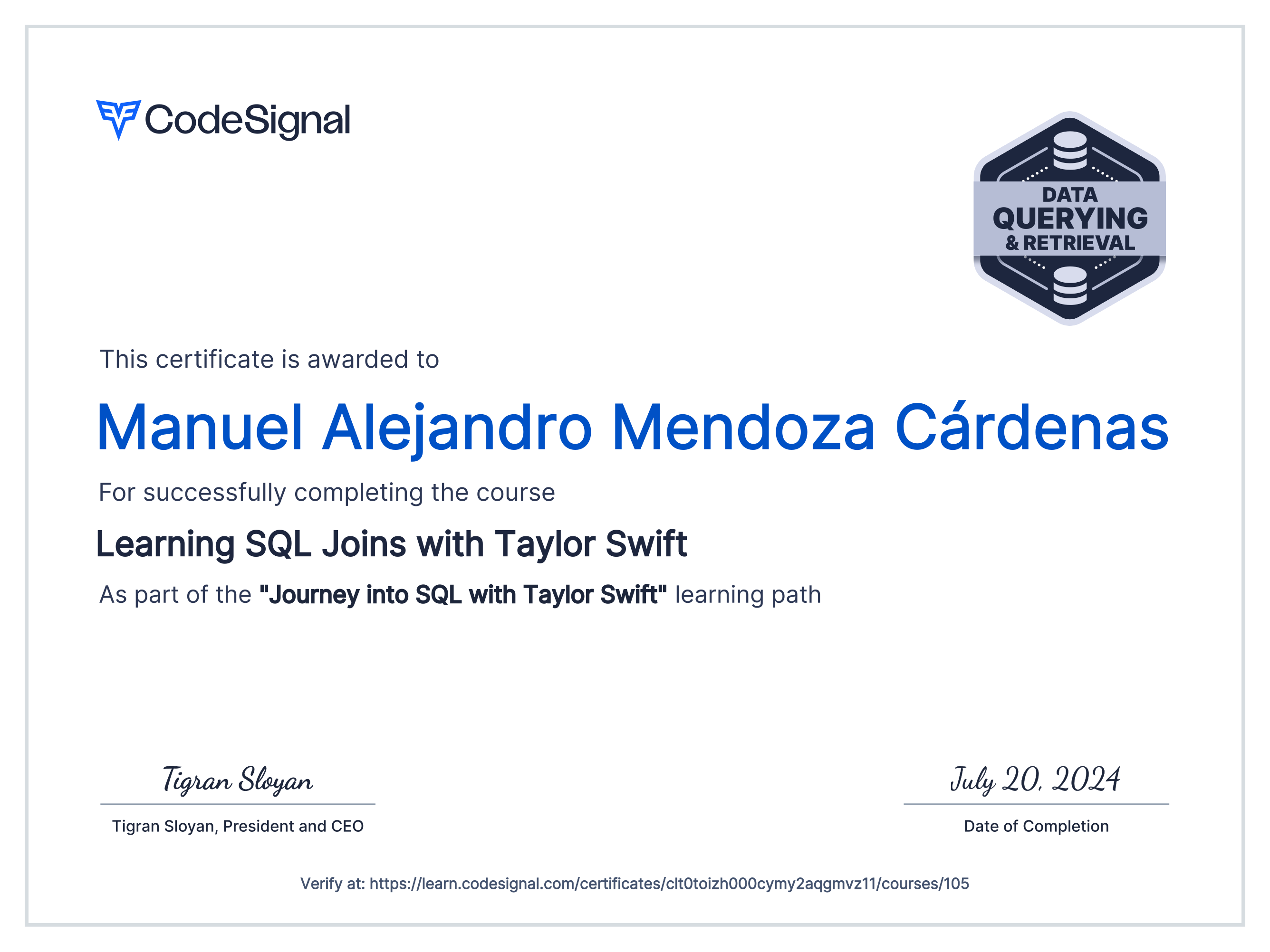 Course certificate for Learning SQL Joins with Taylor Swift | CodeSignal Learn