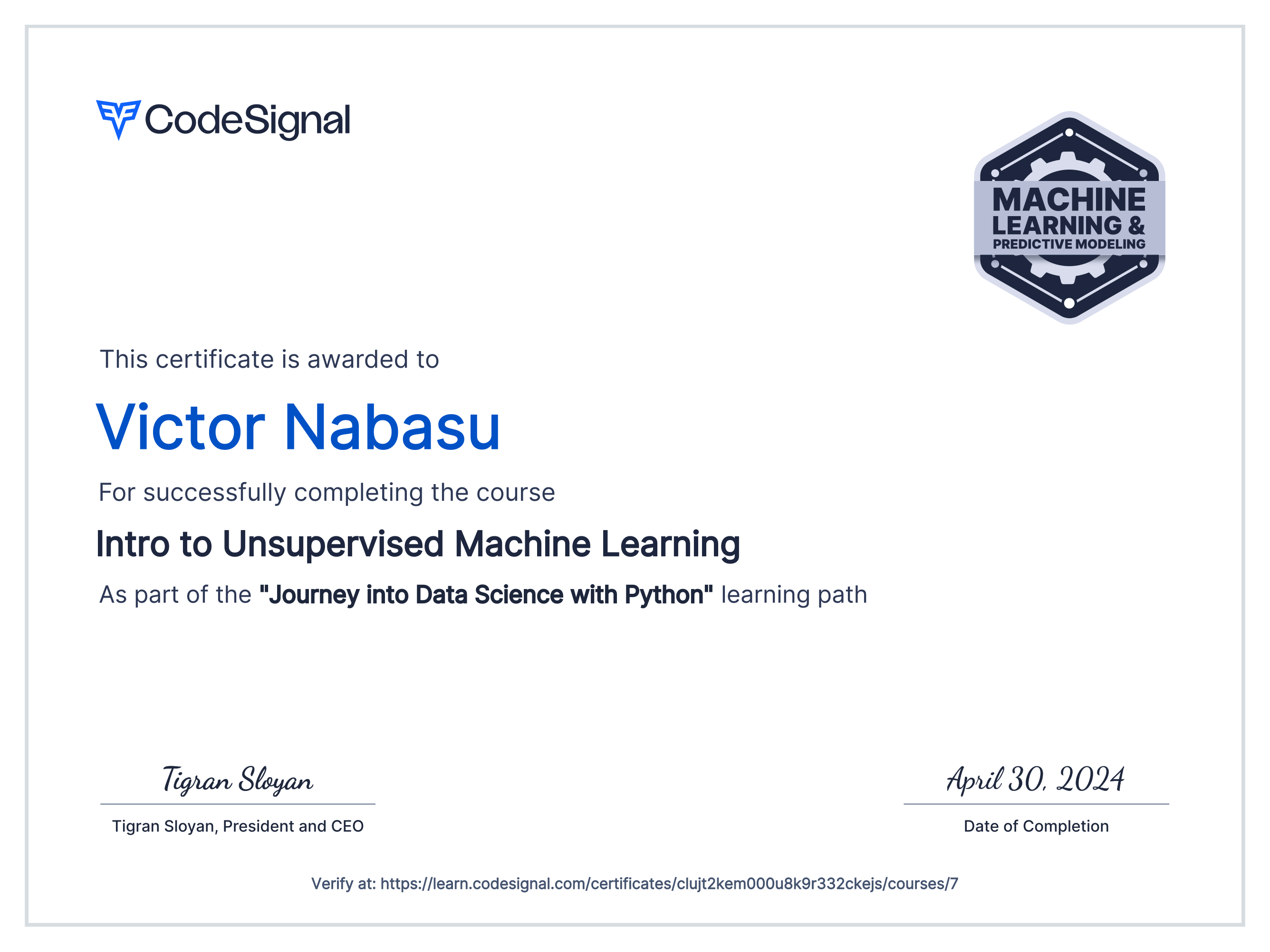 Course certificate for Intro to Unsupervised Machine Learning | CodeSignal Learn