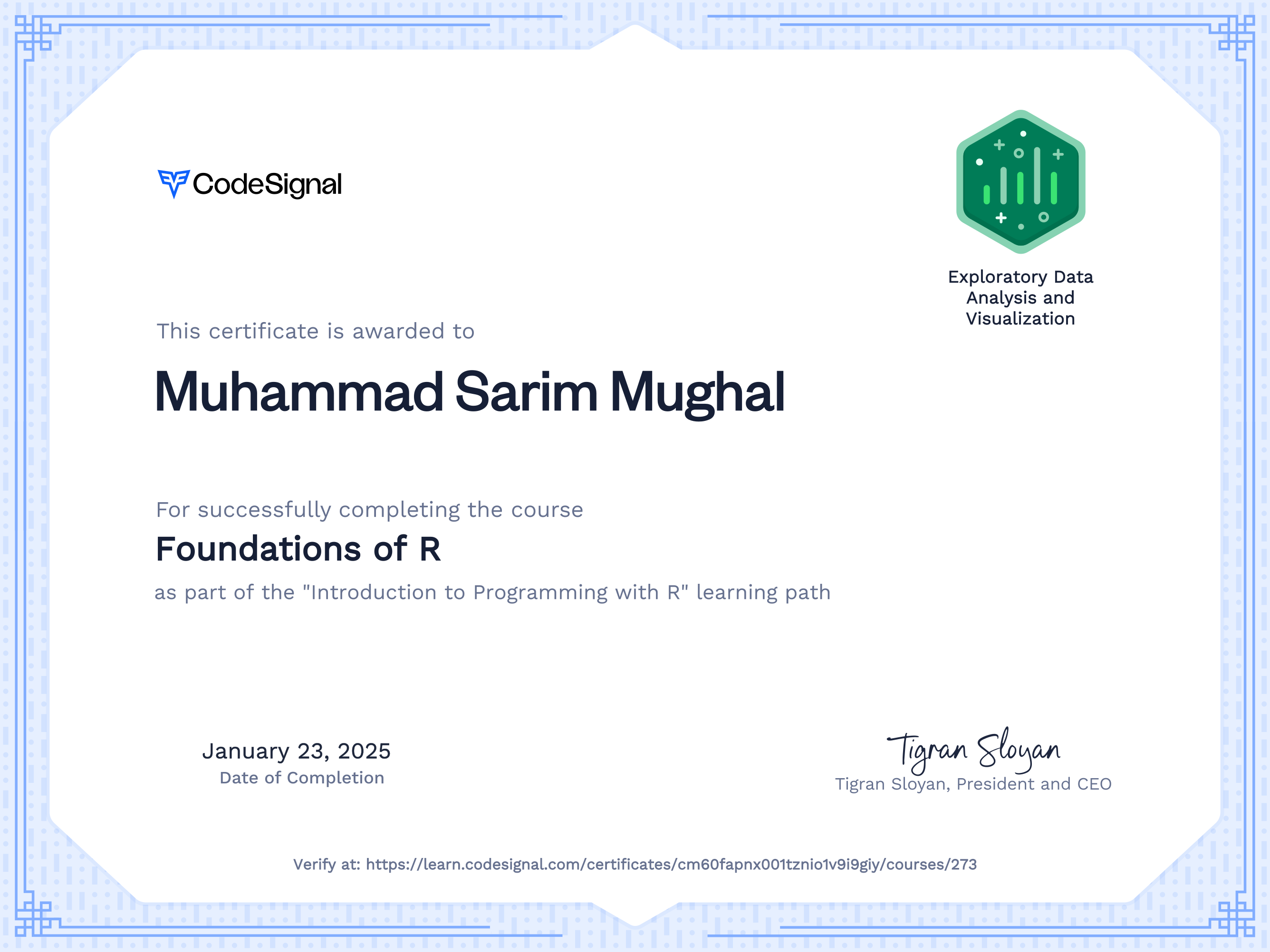 Course certificate for Foundations of R | CodeSignal Learn