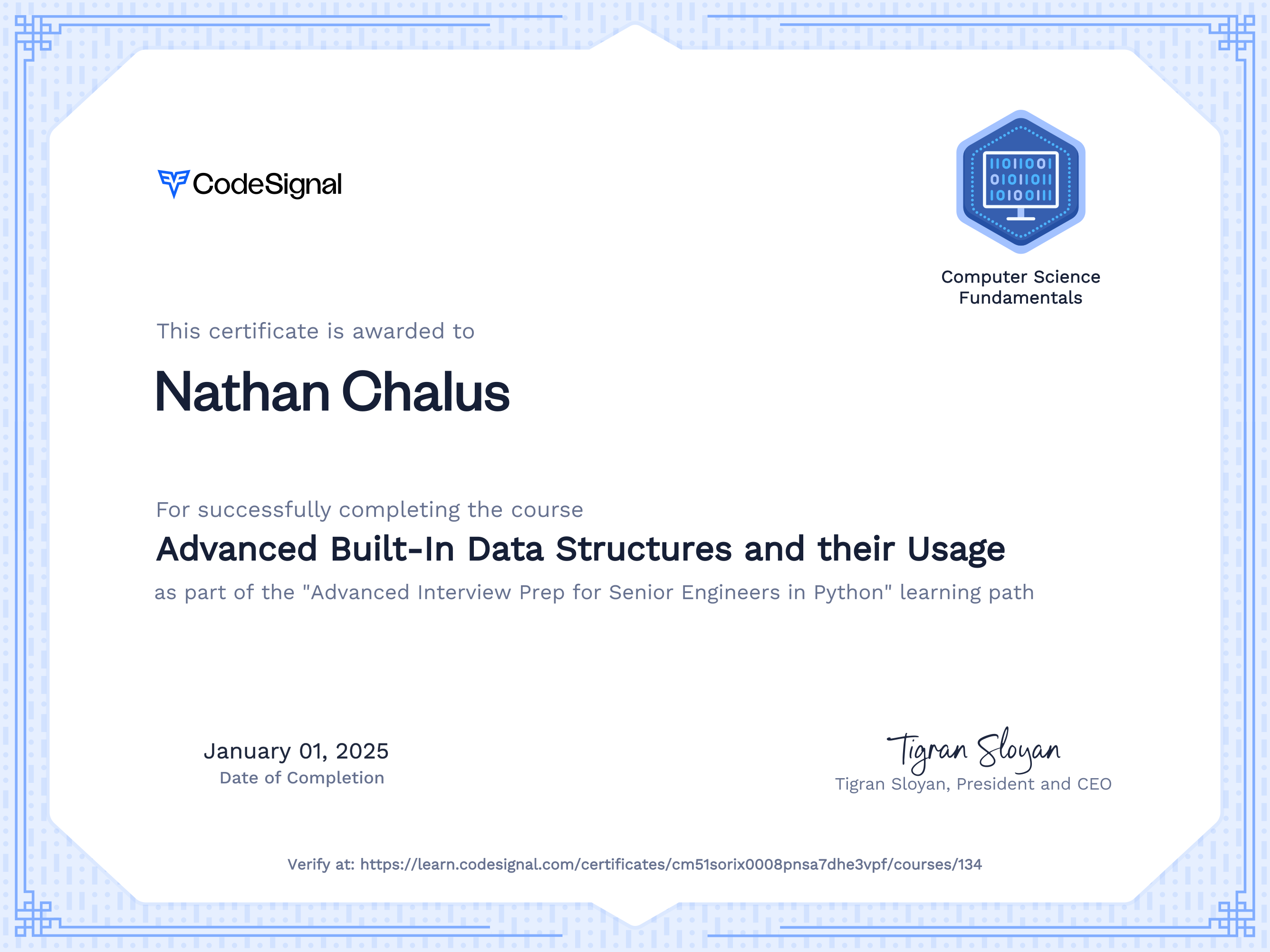 Course certificate for Advanced Built-In Data Structures and their ...