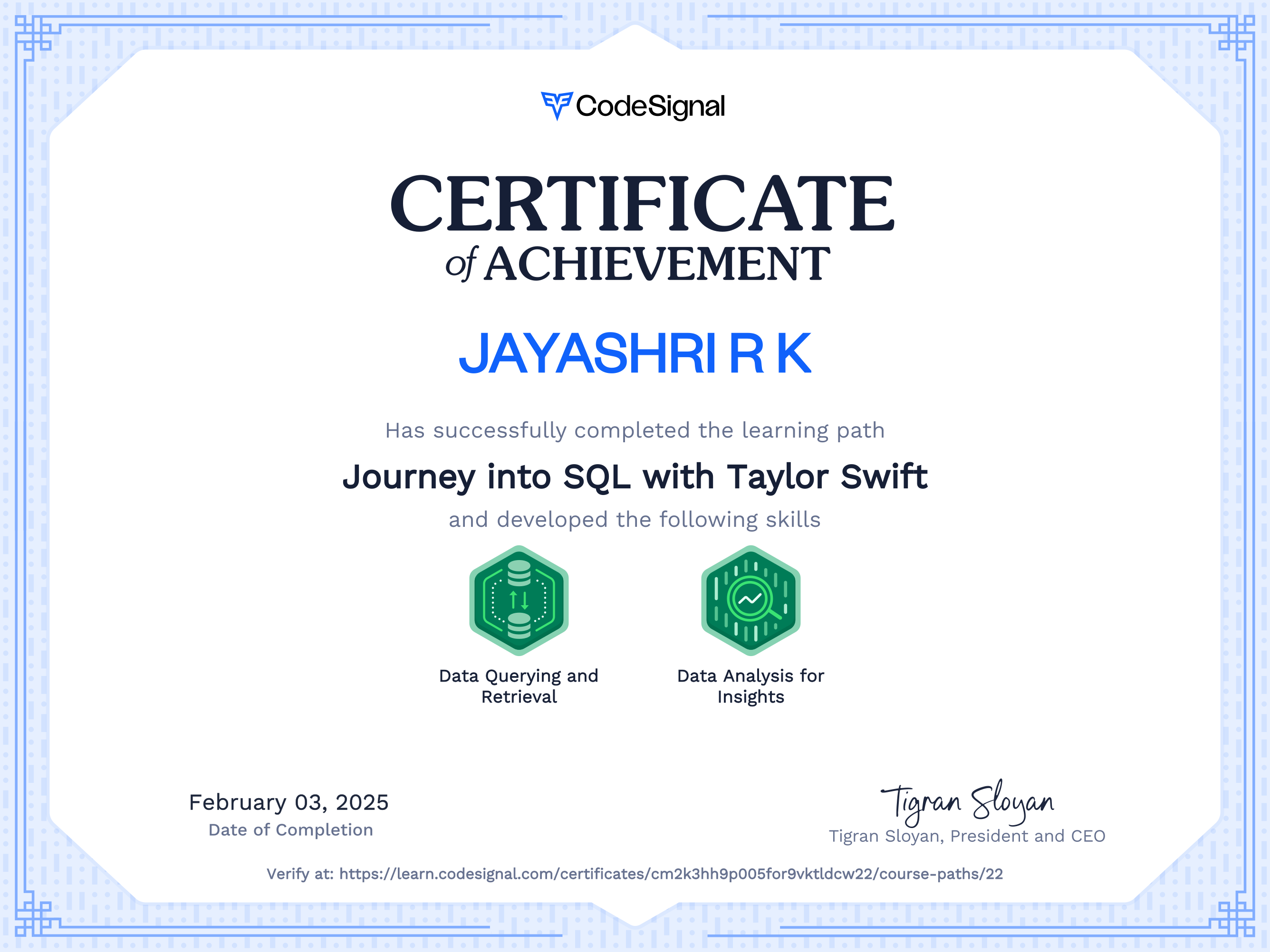 Path certificate for Journey into SQL with Taylor Swift | CodeSignal Learn