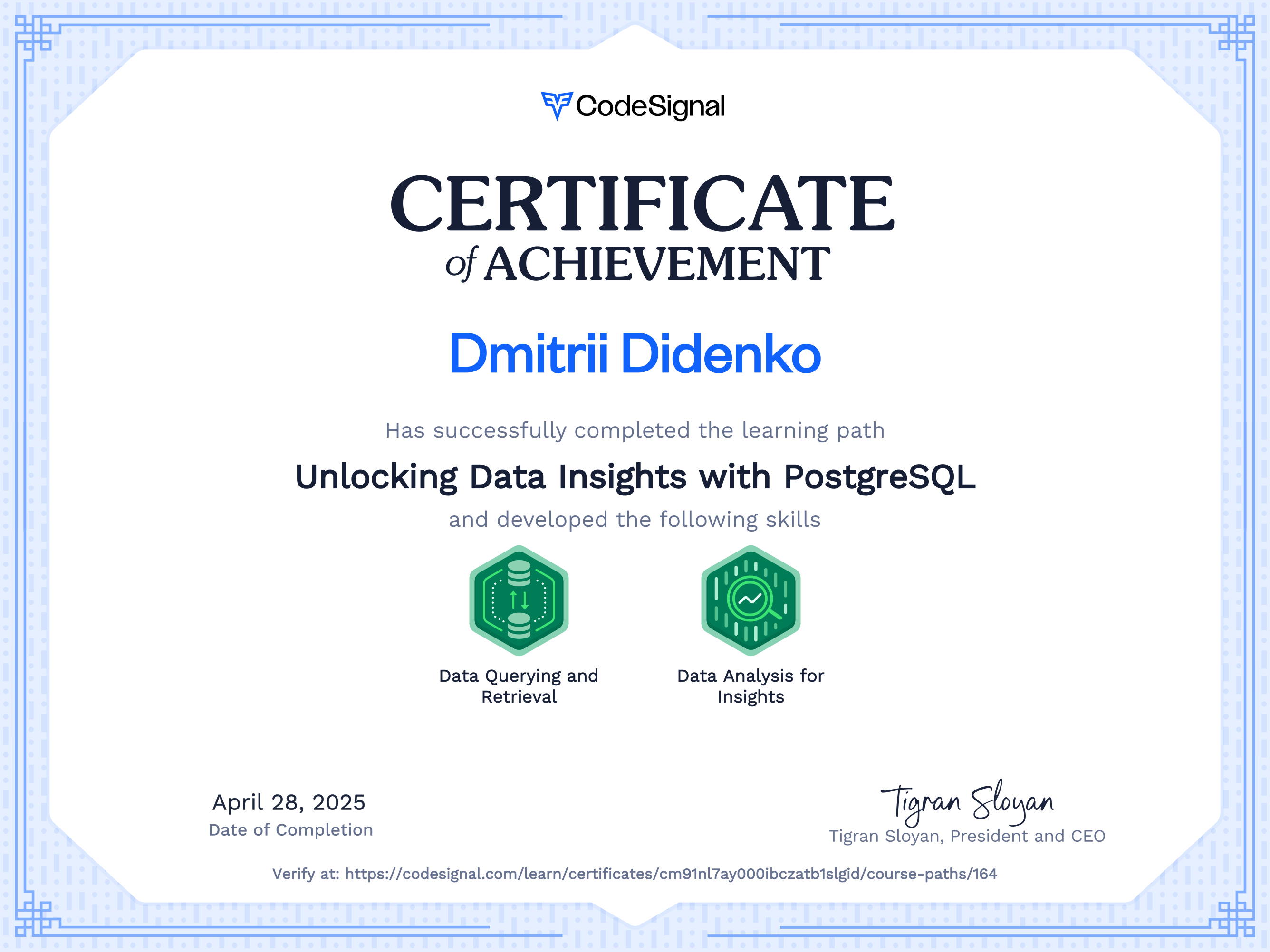 Path certificate for Unlocking Data Insights with PostgreSQL | CodeSignal Learn