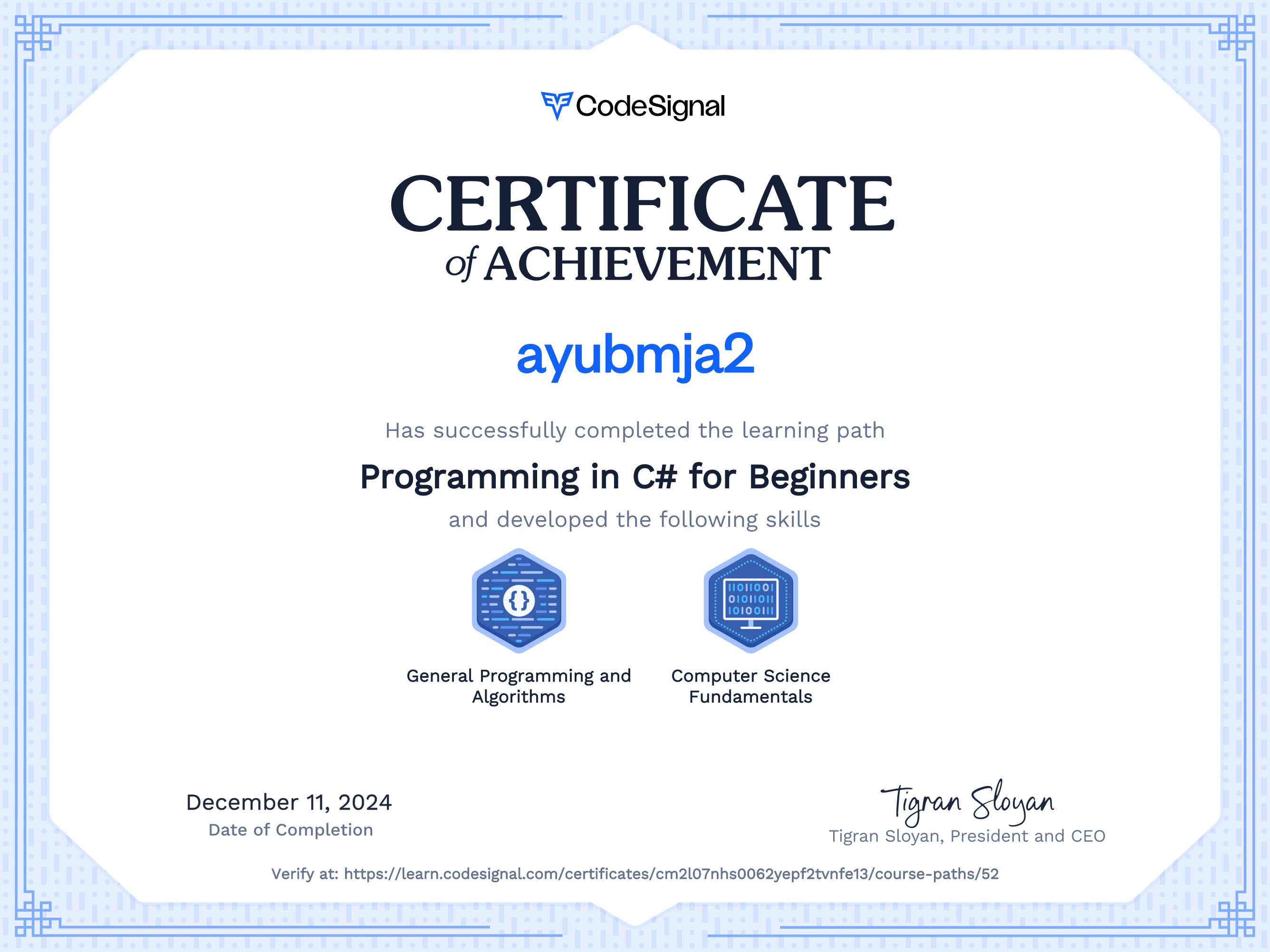 Path certificate for Programming in C# for Beginners | CodeSignal Learn
