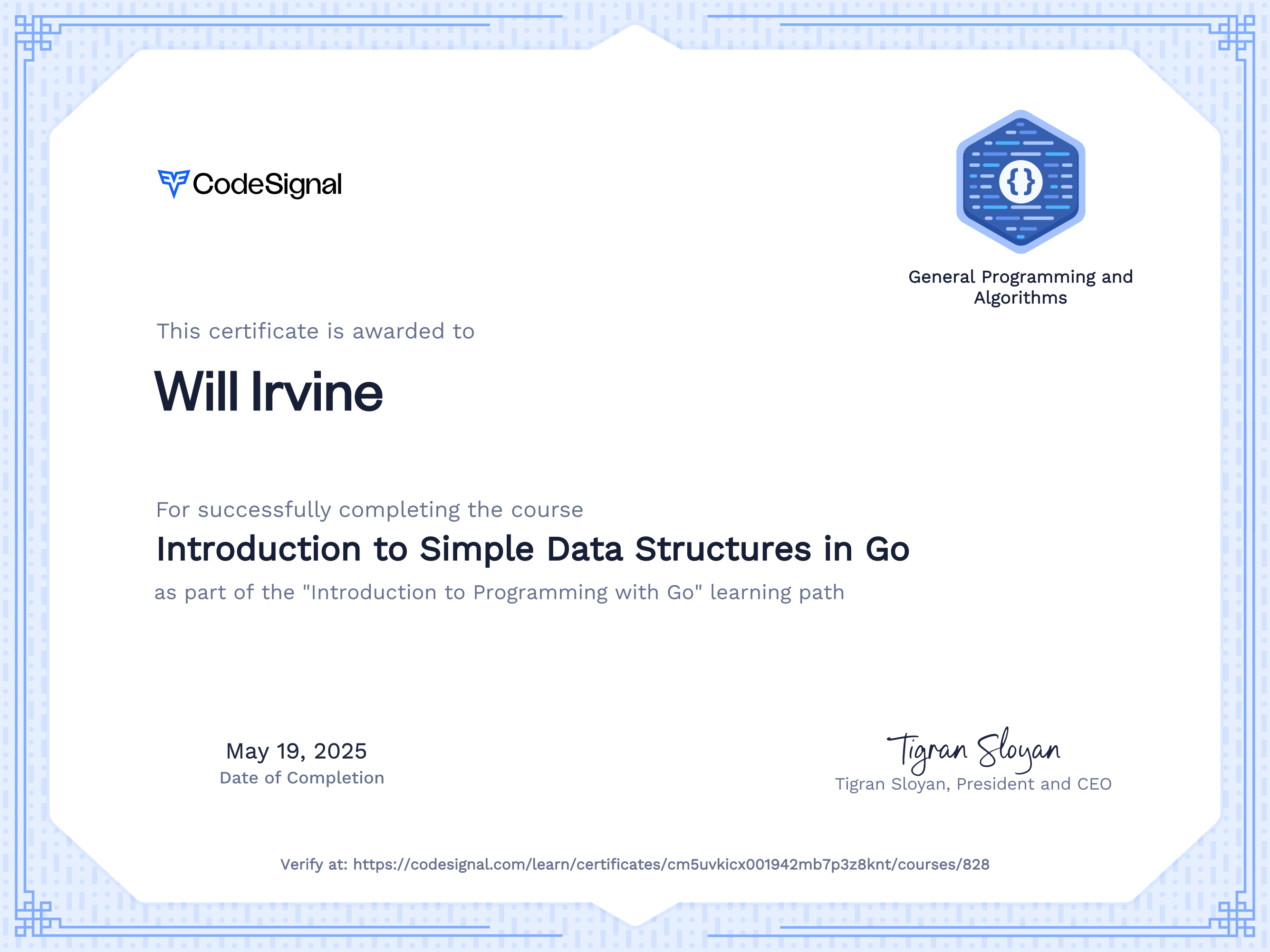 Course certificate for Introduction to Simple Data Structures in Go | CodeSignal Learn