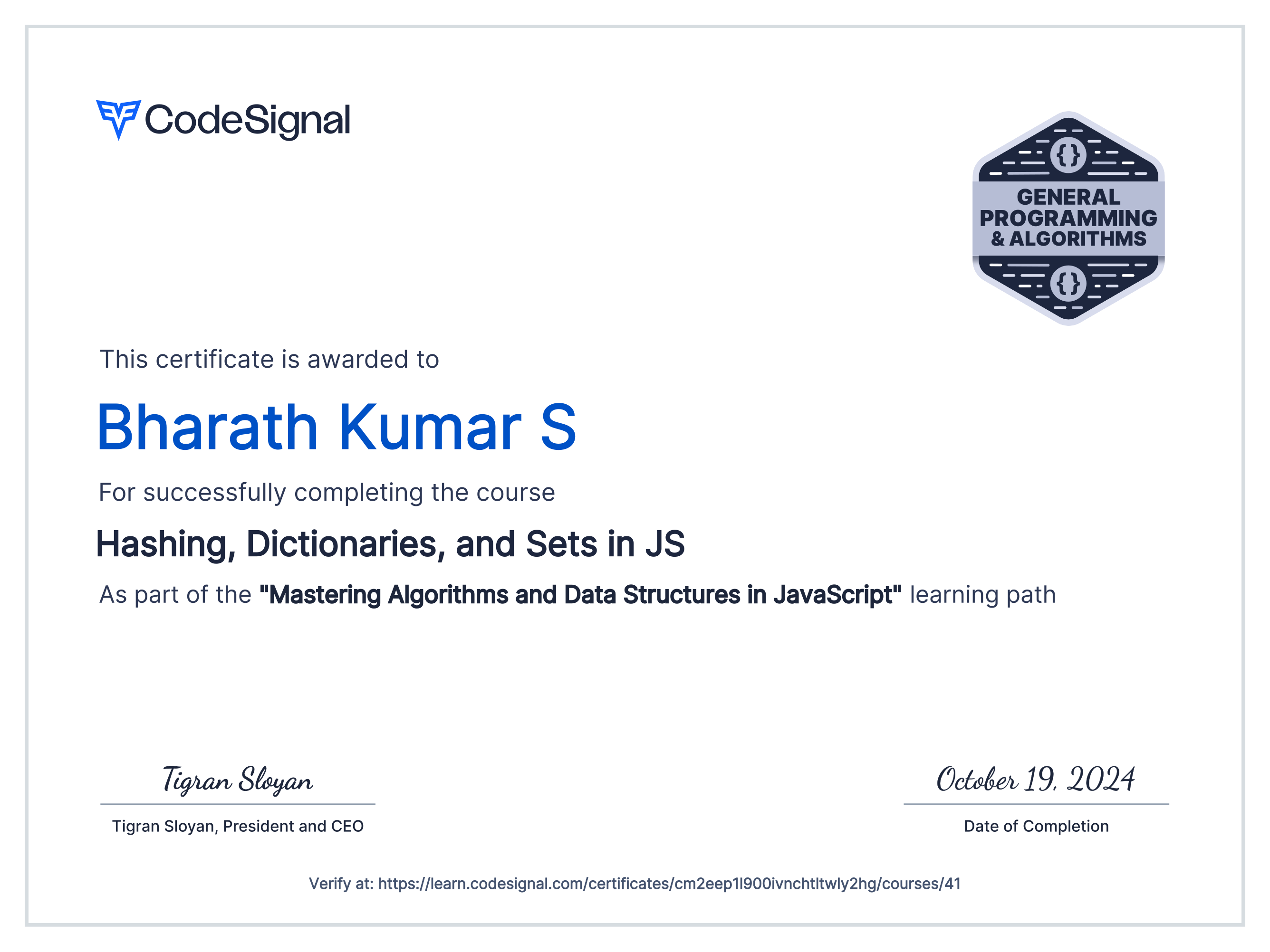 Course certificate for Hashing, Dictionaries, and Sets in JS ...