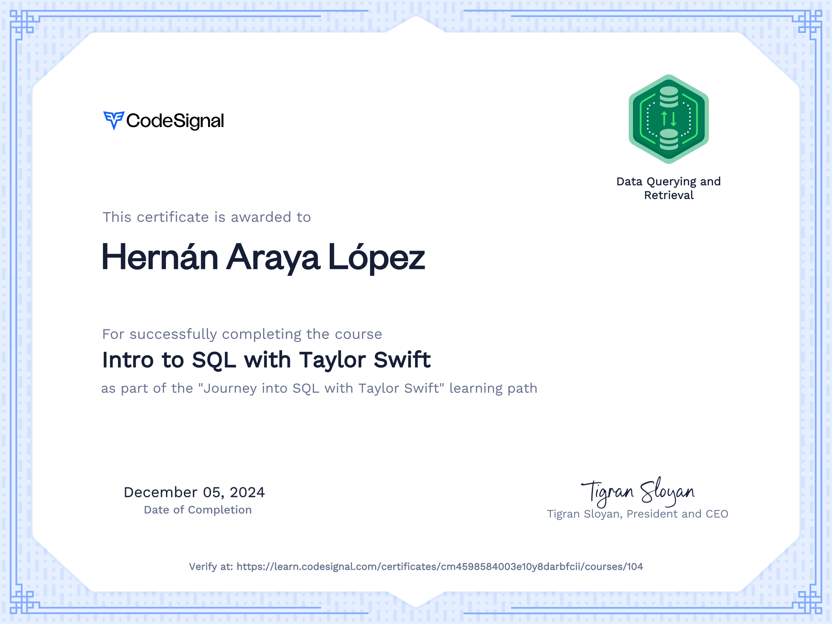 Course Certificate For Intro To Sql With Taylor Swift Codesignal Learn