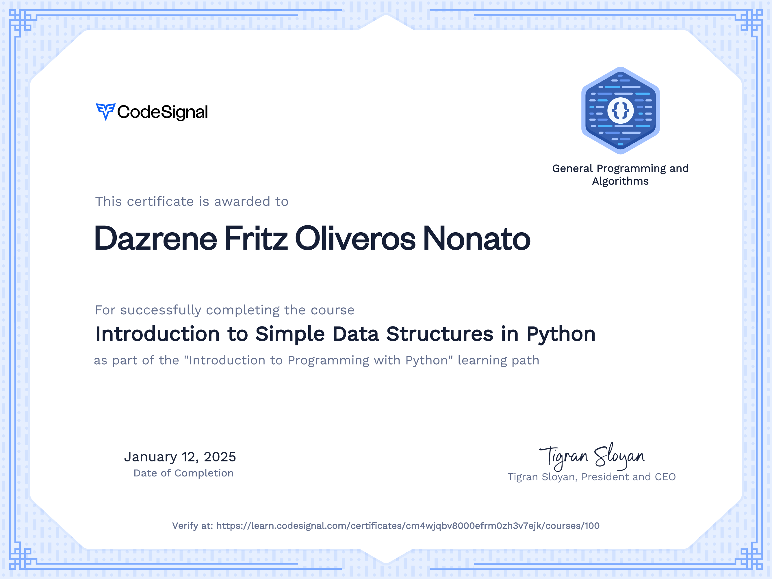 Course certificate for Introduction to Simple Data Structures in Python | CodeSignal Learn