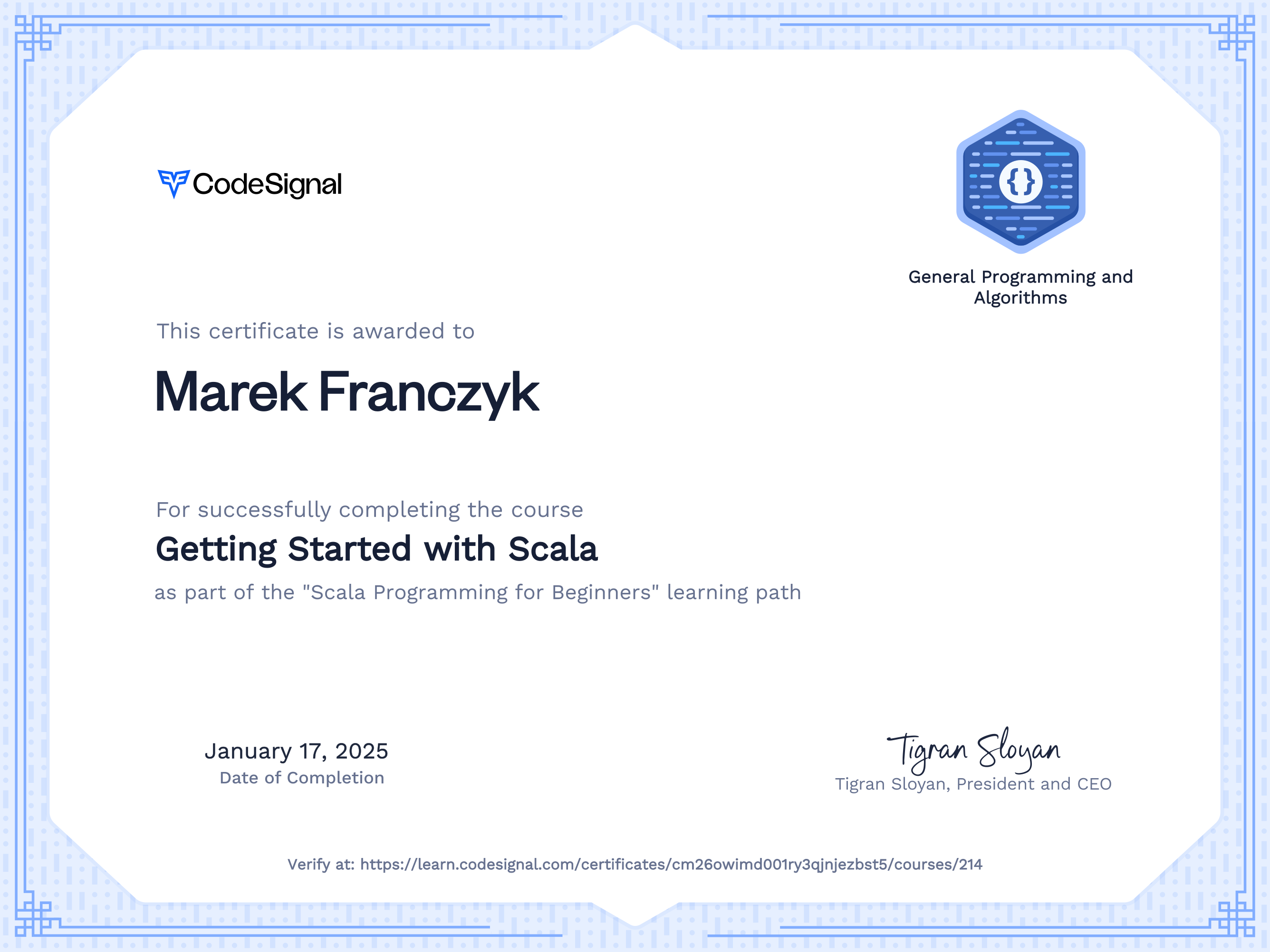 Course Certificate For Getting Started With Scala Codesignal Learn 2177