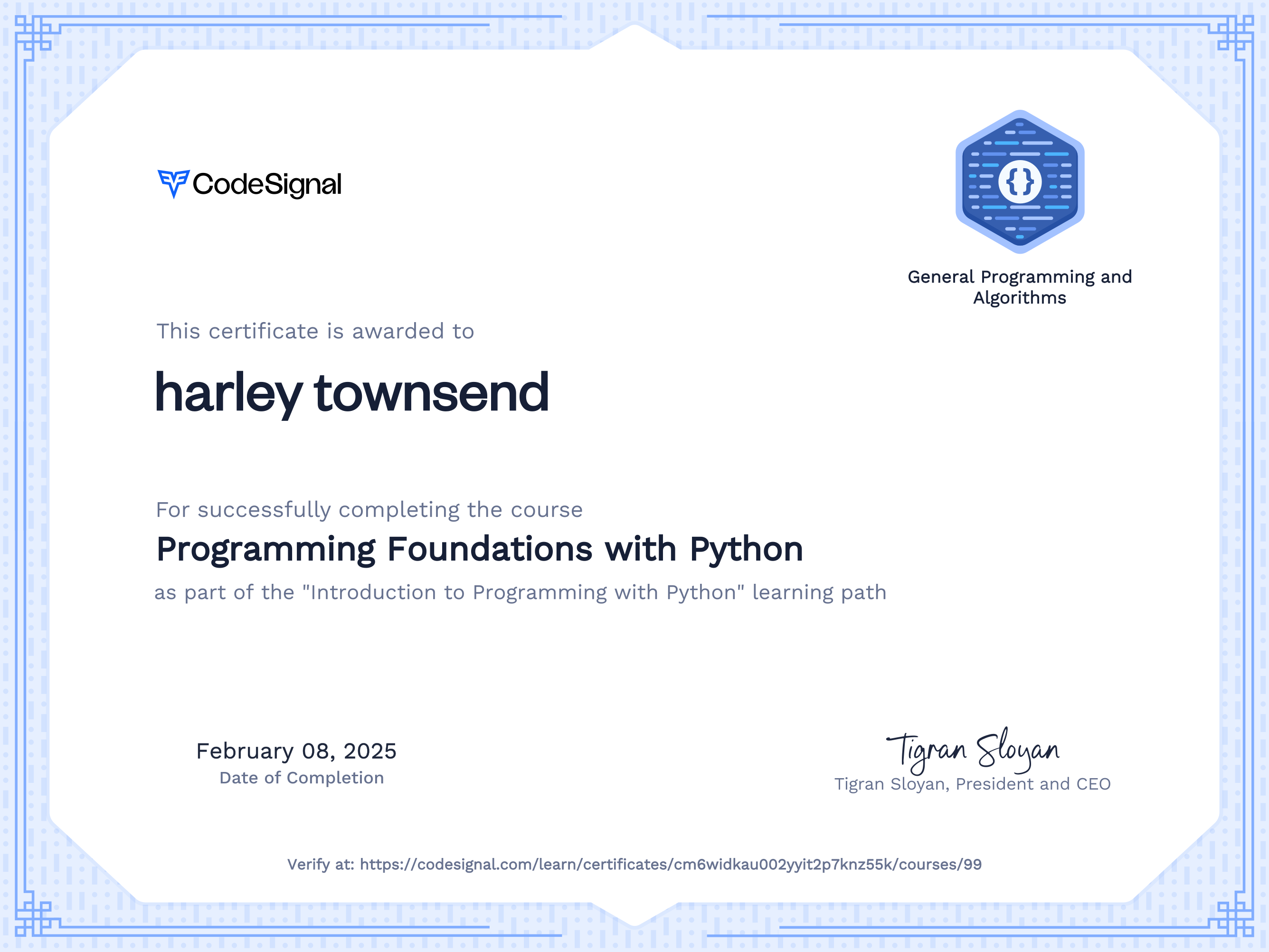 Course certificate for Programming Foundations with Python | CodeSignal Learn