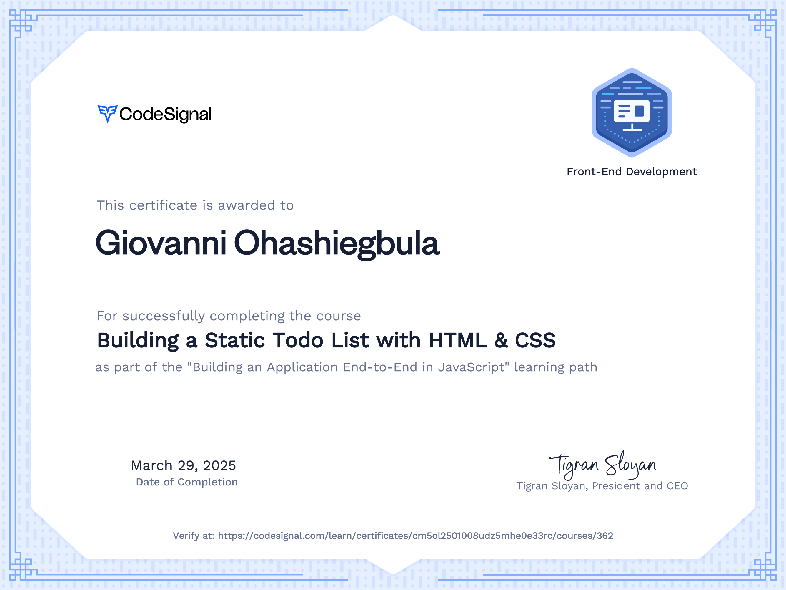 Course certificate for Building a Static Todo List with HTML & CSS ...
