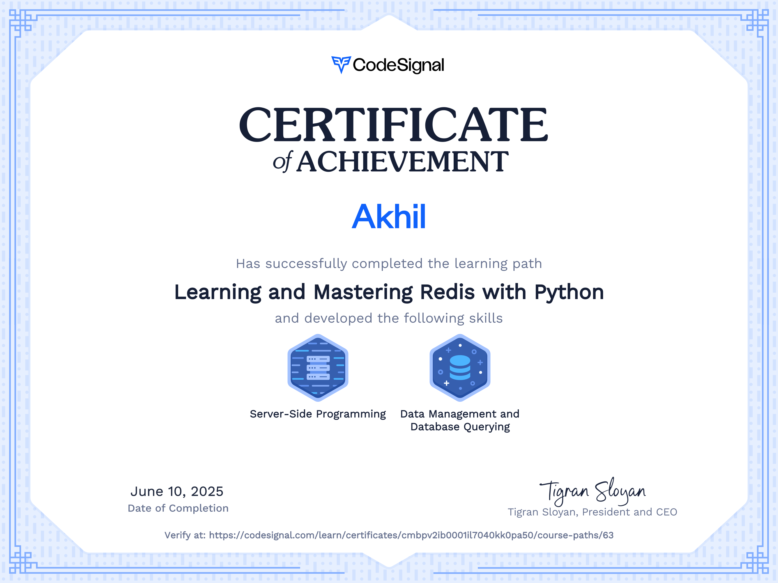 Path certificate for Learning and Mastering Redis with Python | CodeSignal Learn