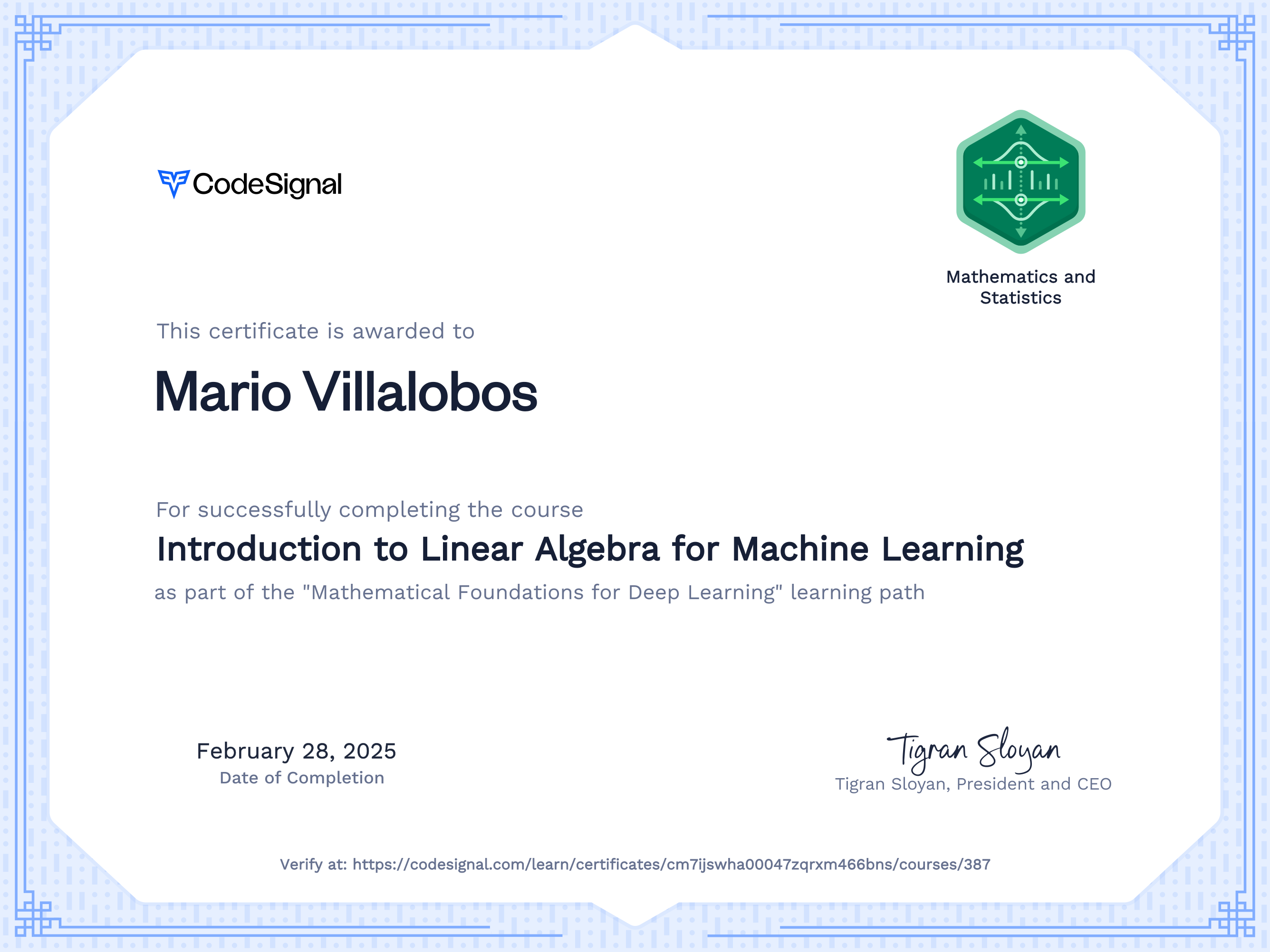 Course certificate for Introduction to Linear Algebra for Machine ...