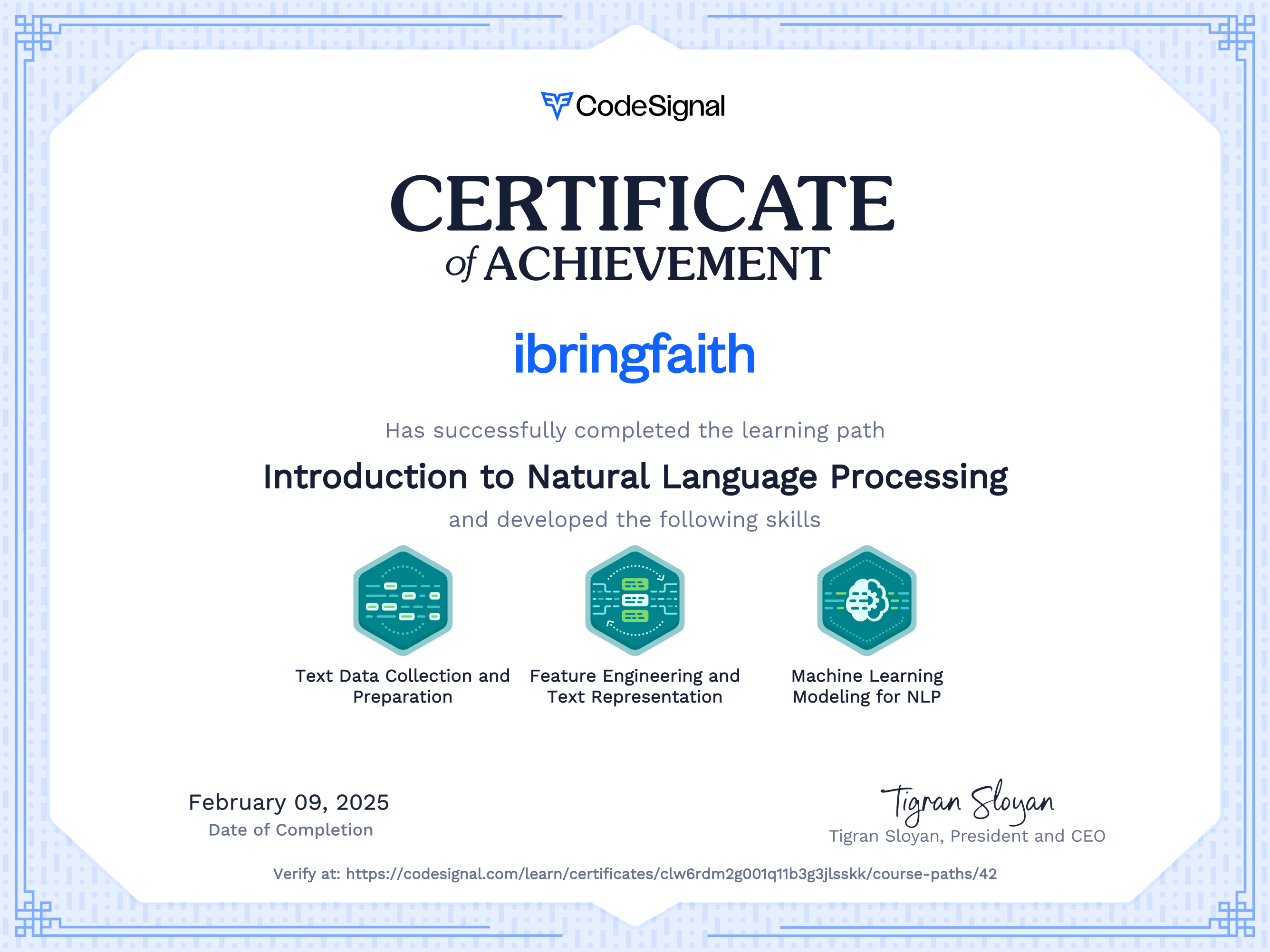 Path certificate for Introduction to Natural Language Processing | CodeSignal Learn
