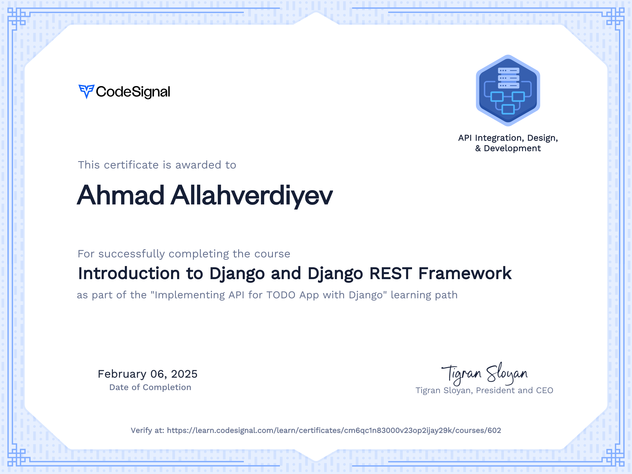 Course certificate for Introduction to Django and Django REST Framework | CodeSignal Learn