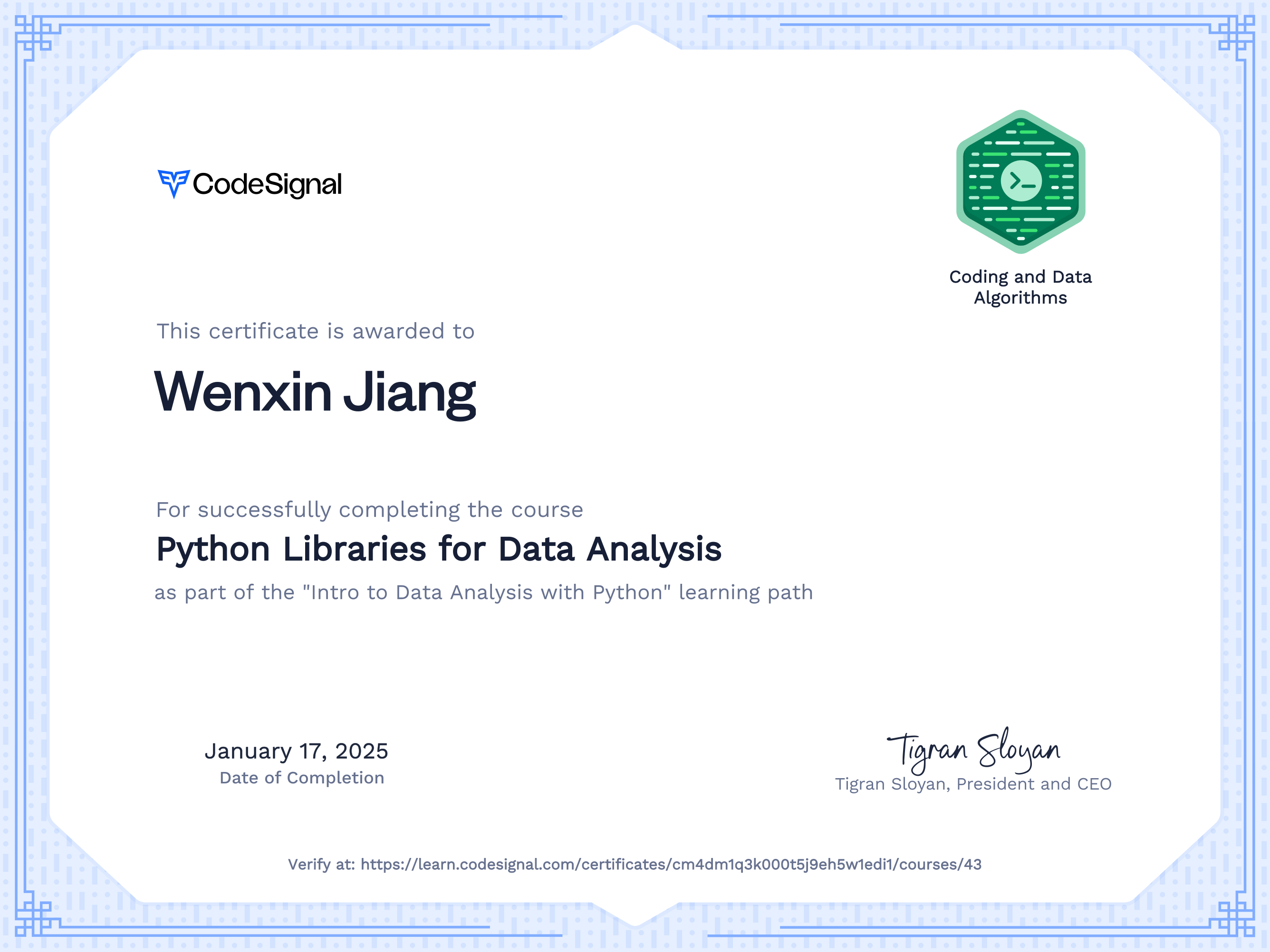 Course certificate for Python Libraries for Data Analysis | CodeSignal Learn
