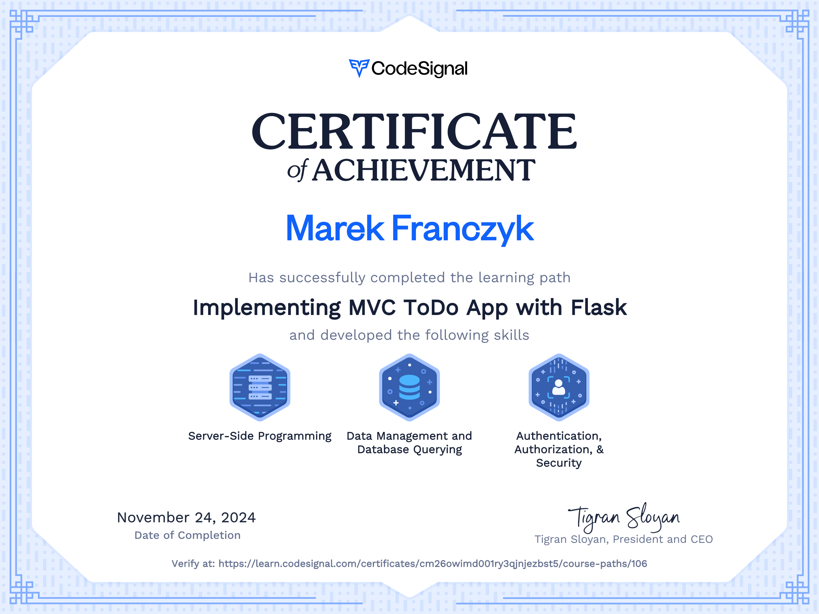 Path certificate for Implementing MVC ToDo App with Flask | CodeSignal Learn