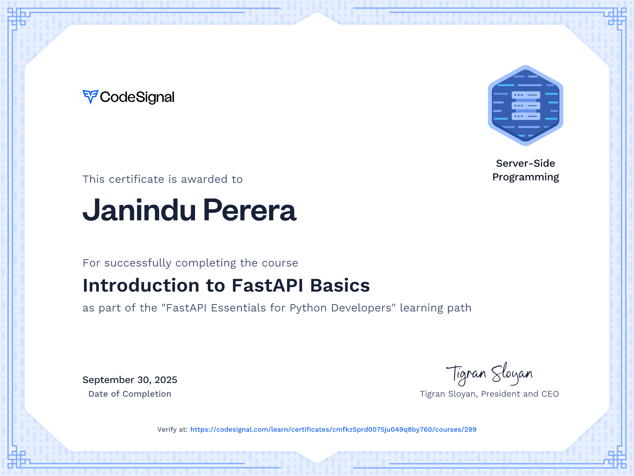 Course certificate for Introduction to FastAPI Basics | CodeSignal Learn
