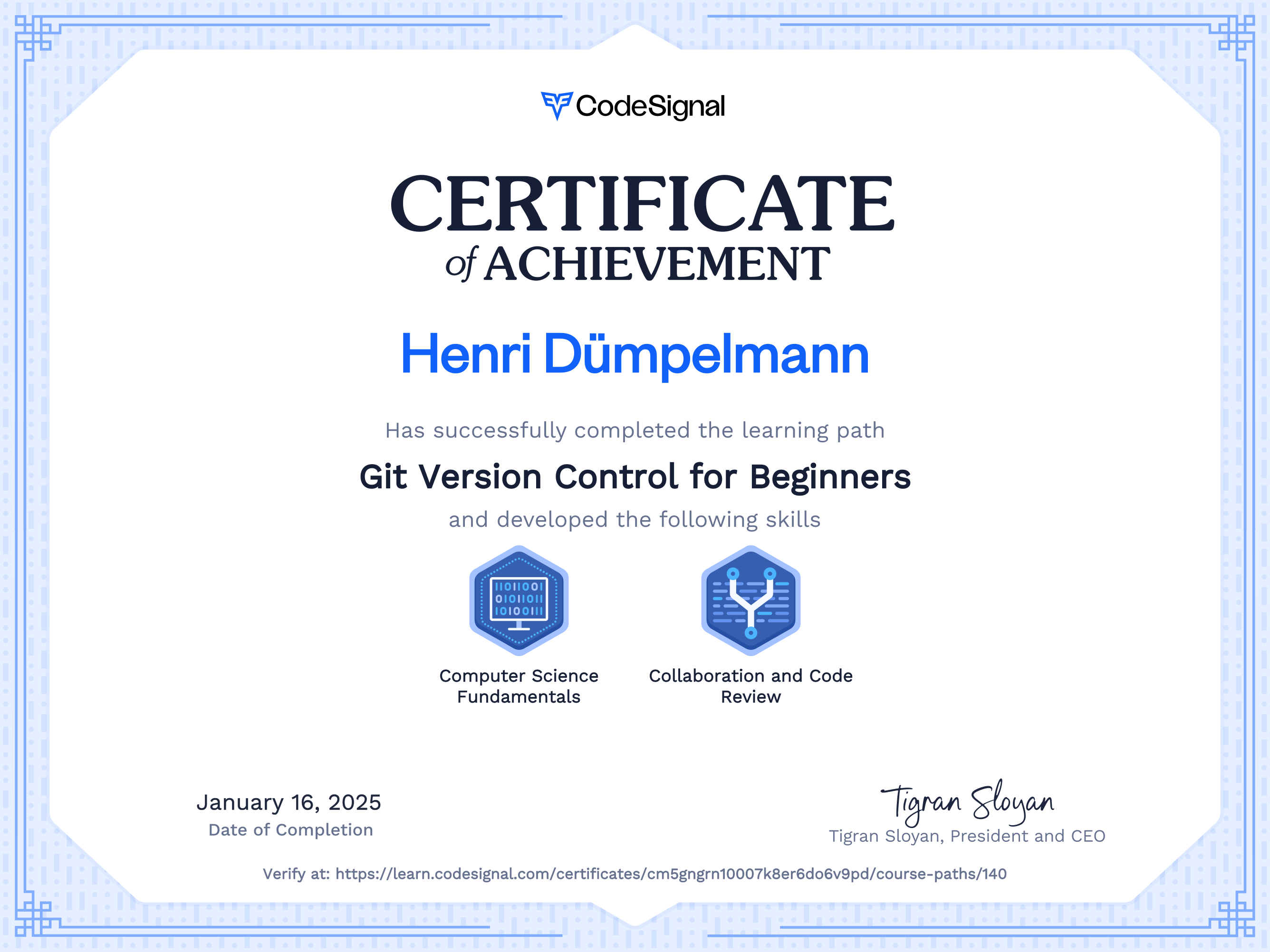 Path certificate for Git Version Control for Beginners | CodeSignal Learn