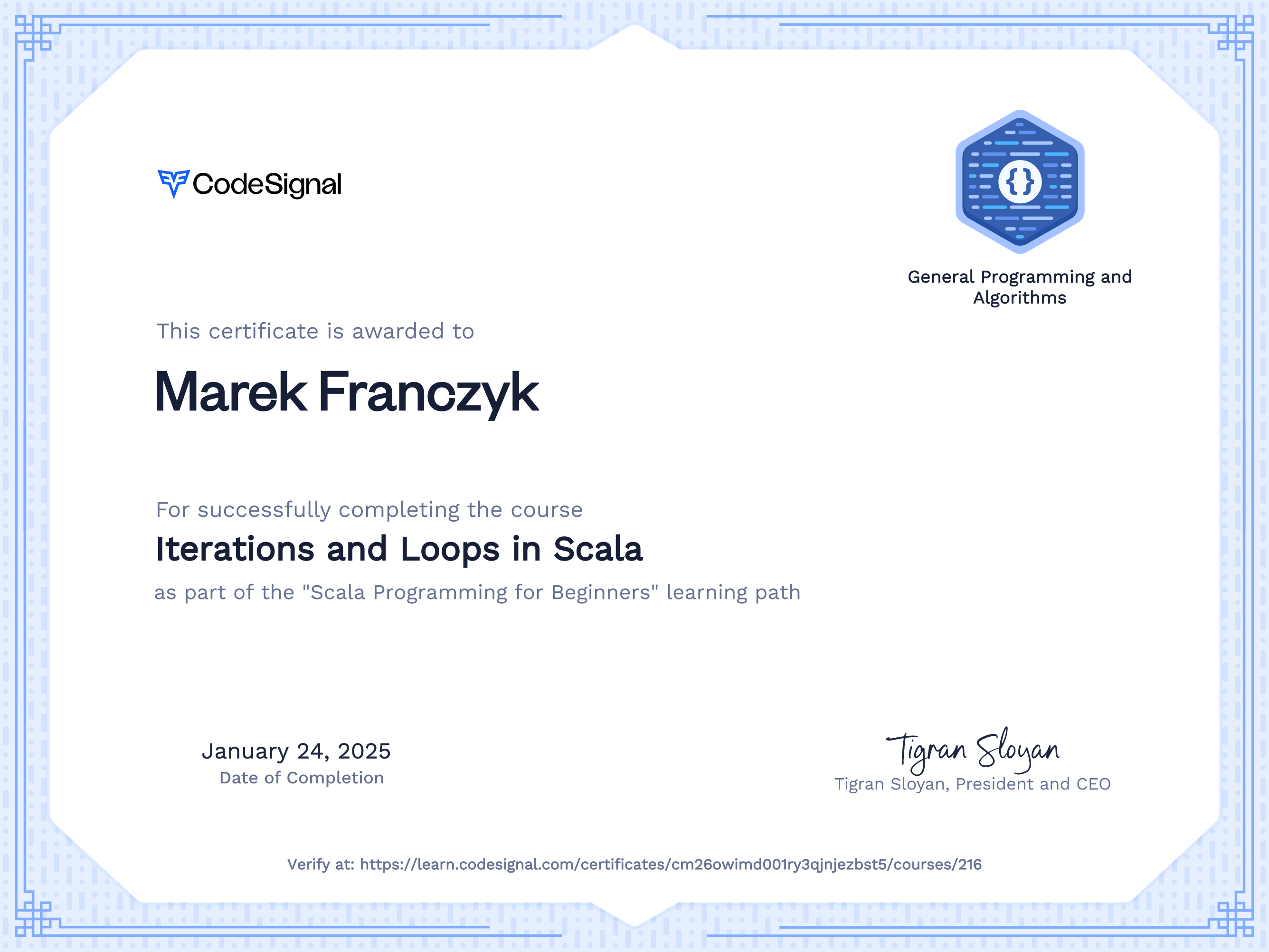 Course Certificate For Iterations And Loops In Scala Codesignal Learn 5012