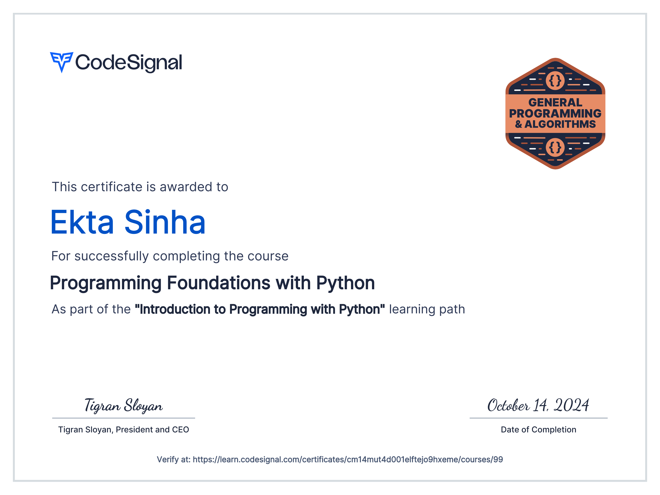 Course certificate for Programming Foundations with Python | CodeSignal ...