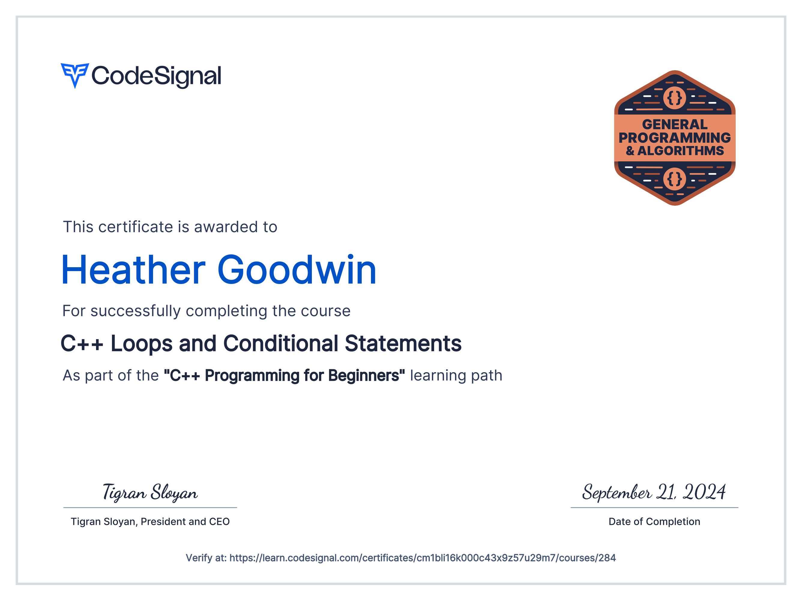 Course certificate for C++ Loops and Conditional Statements | CodeSignal Learn