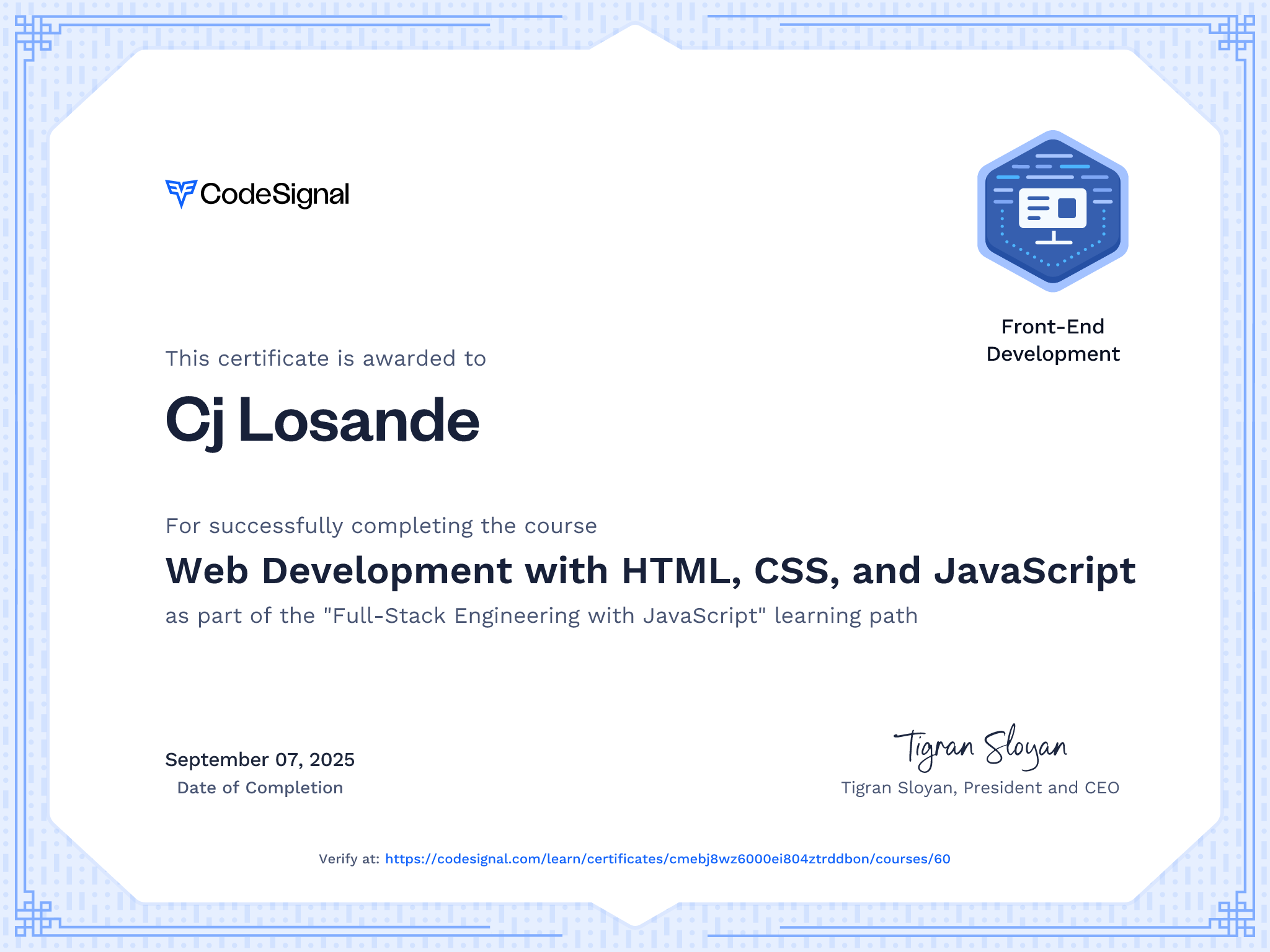 Course certificate for Web Development with HTML, CSS, and JavaScript | CodeSignal Learn