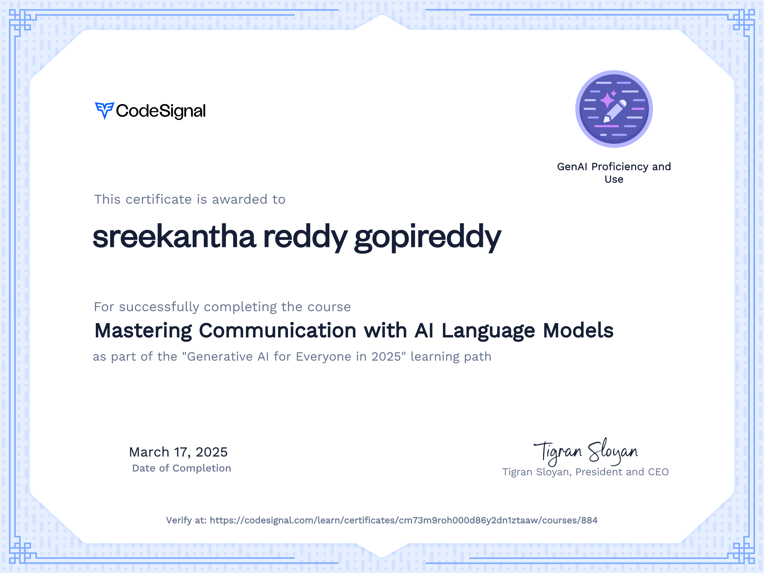 Course certificate for Mastering Communication with AI Language Models | CodeSignal Learn
