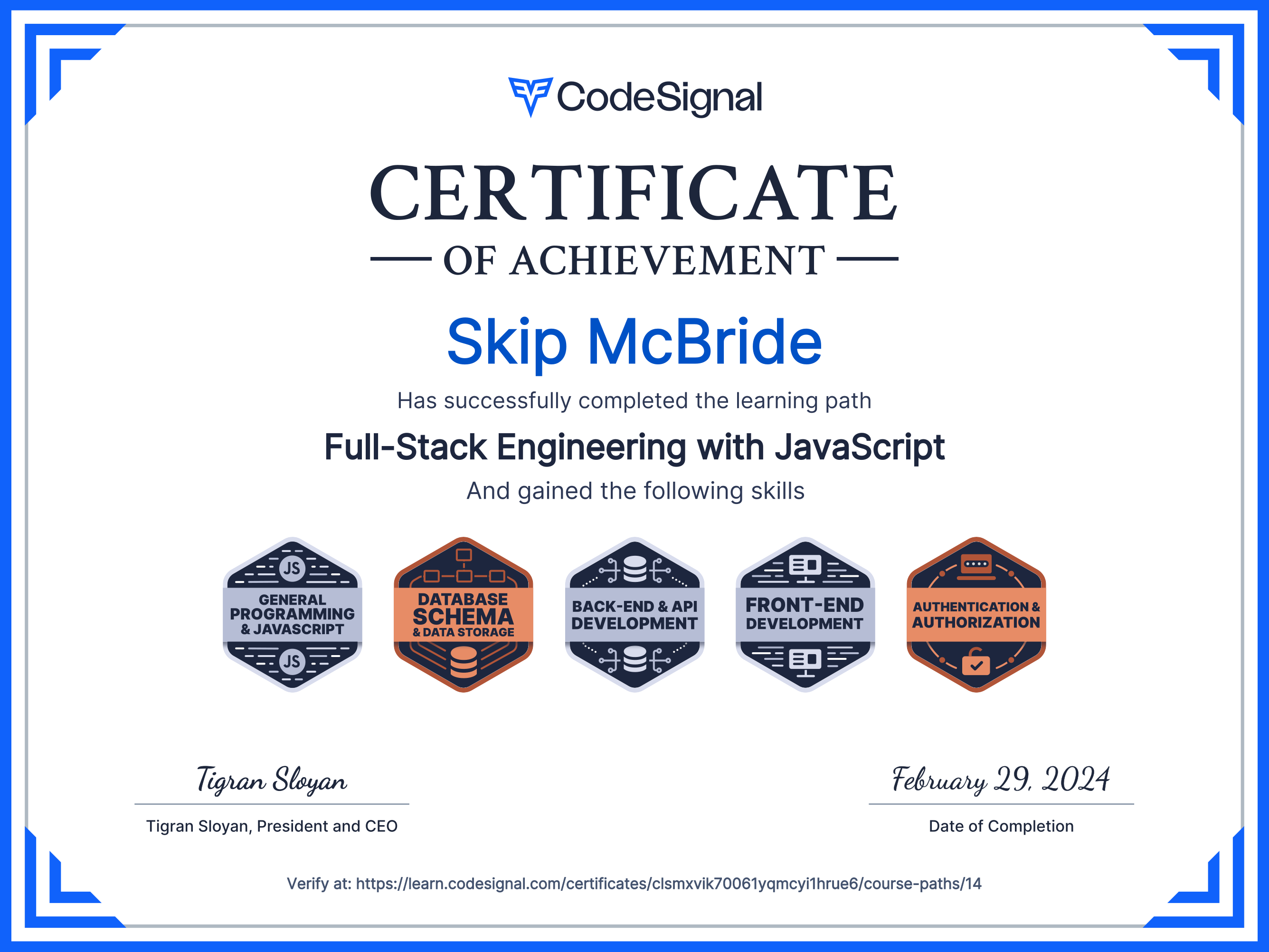 Path certificate for Full-Stack Engineering with JavaScript | CodeSignal Learn