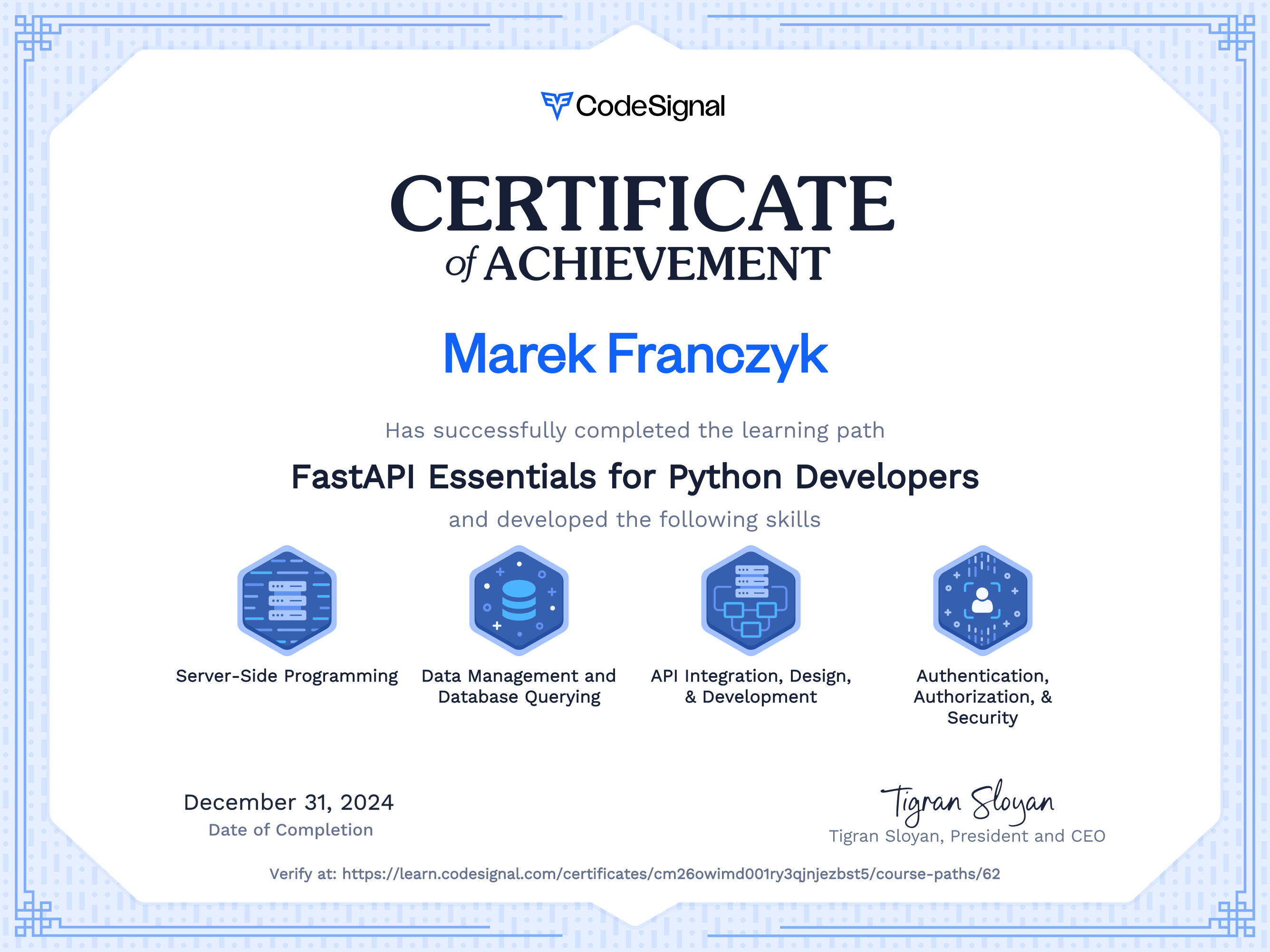 Path certificate for FastAPI Essentials for Python Developers | CodeSignal Learn