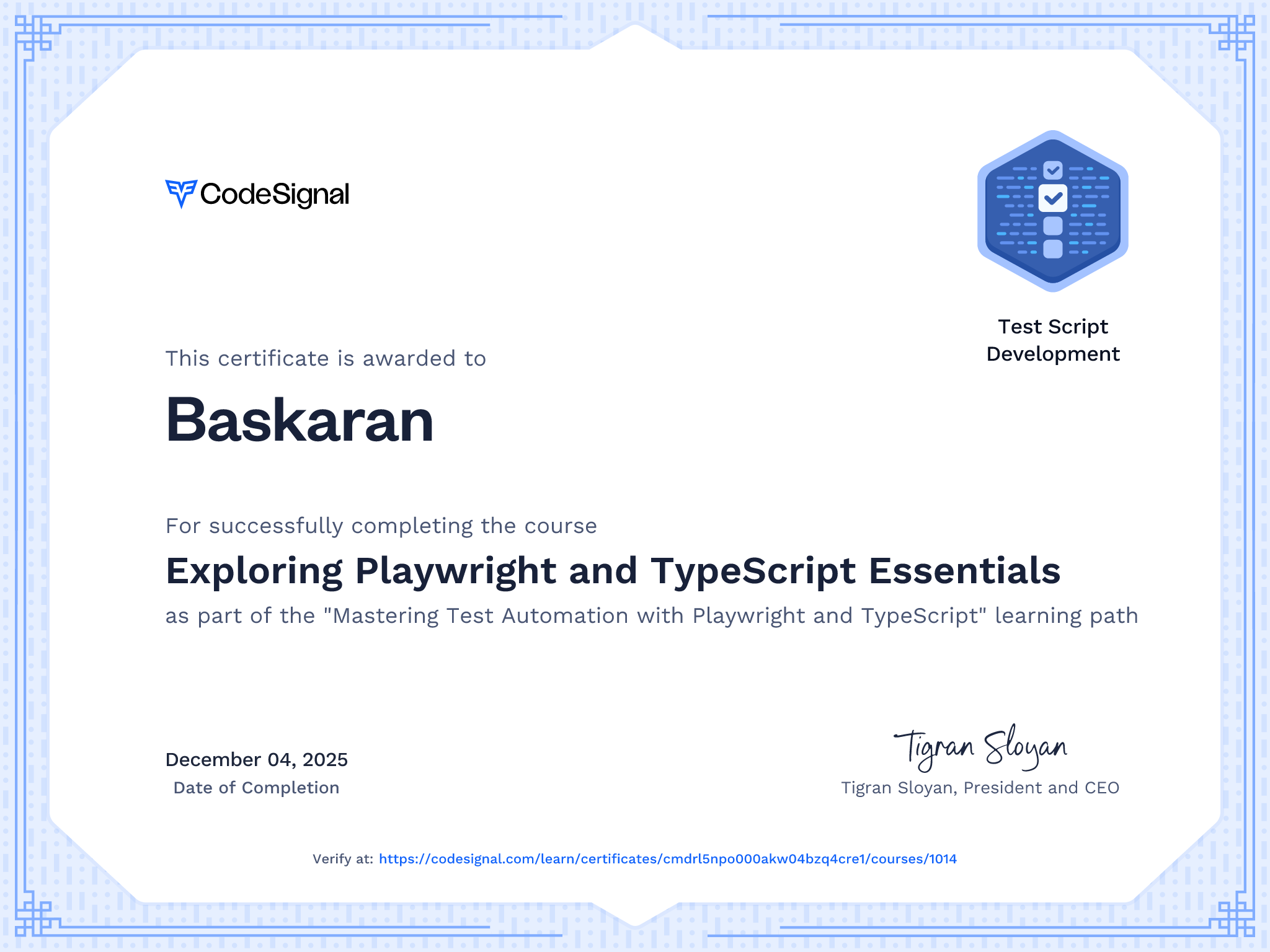 Course certificate for Exploring Playwright and TypeScript Essentials ...