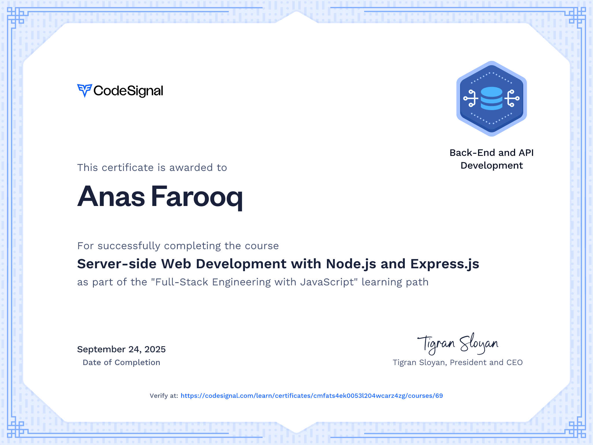 Course certificate for Server-side Web Development with Node.js and ...