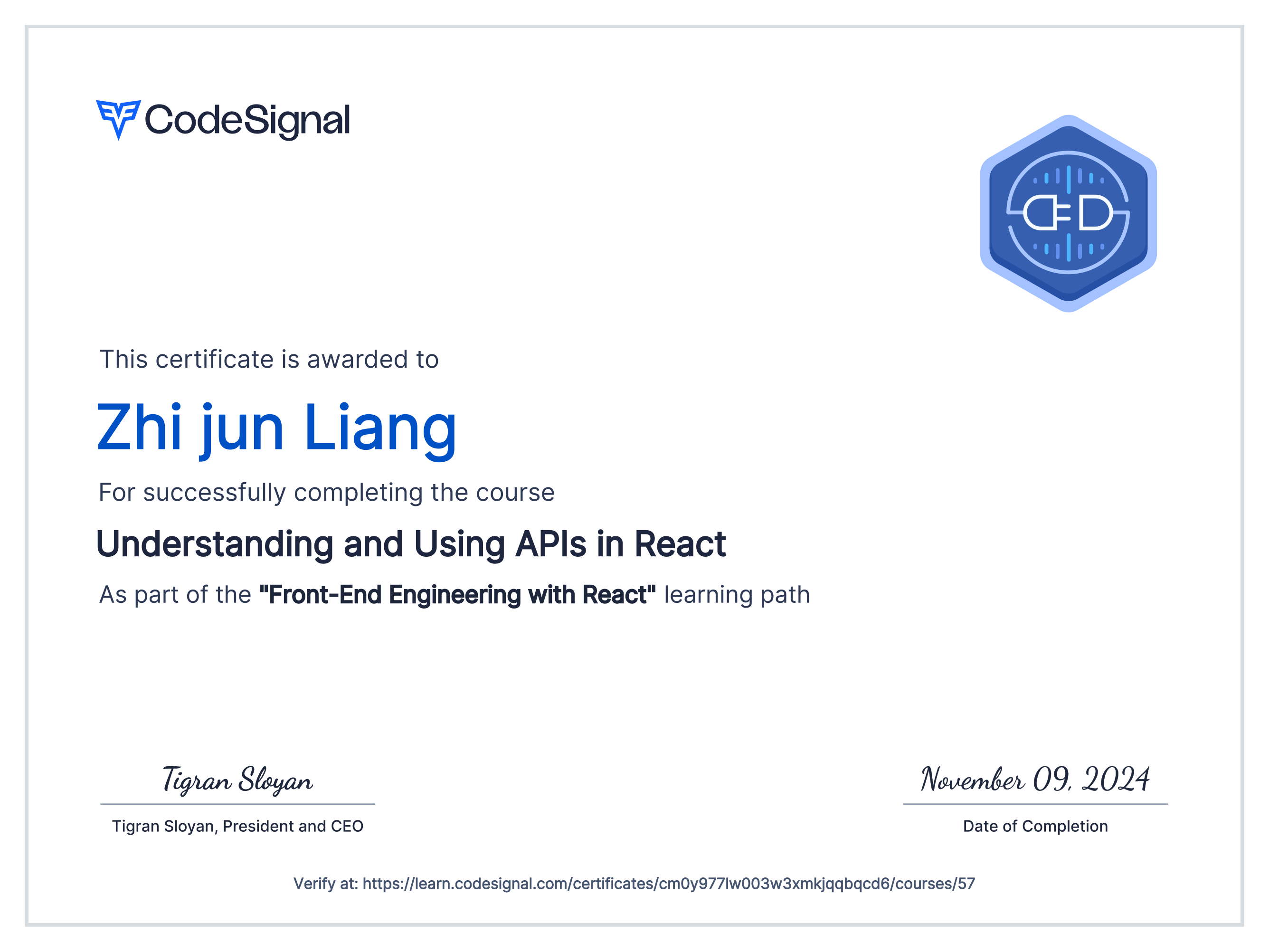 Course certificate for Understanding and Using APIs in React | CodeSignal Learn