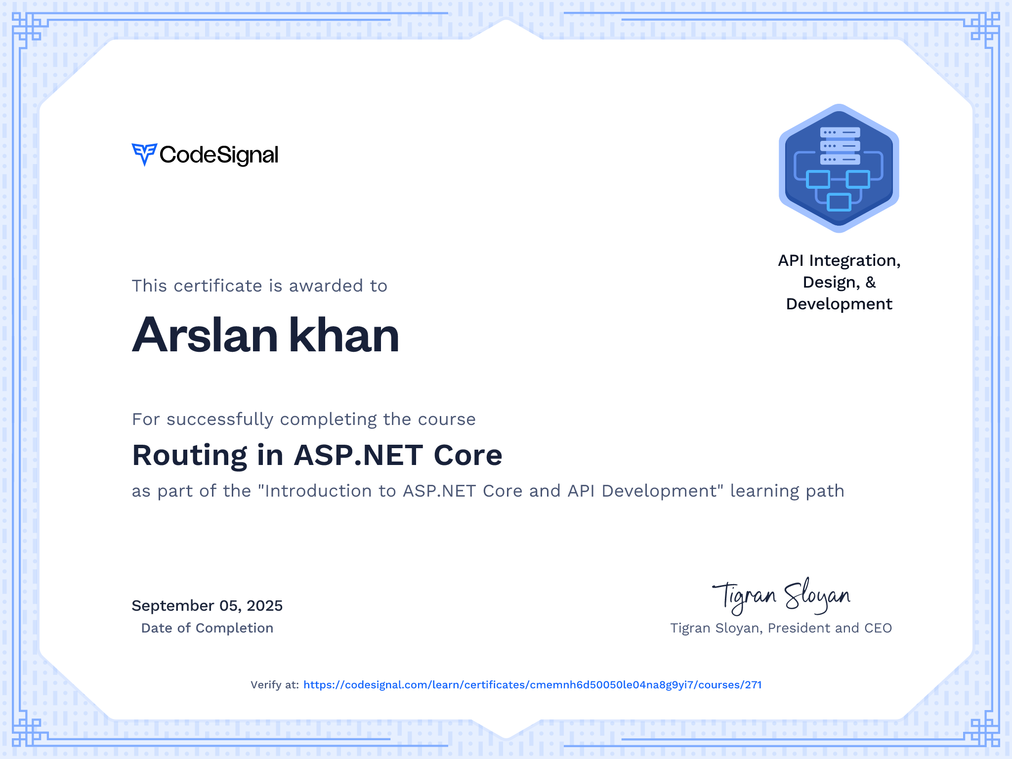 Course certificate for Routing in ASP.NET Core | CodeSignal Learn