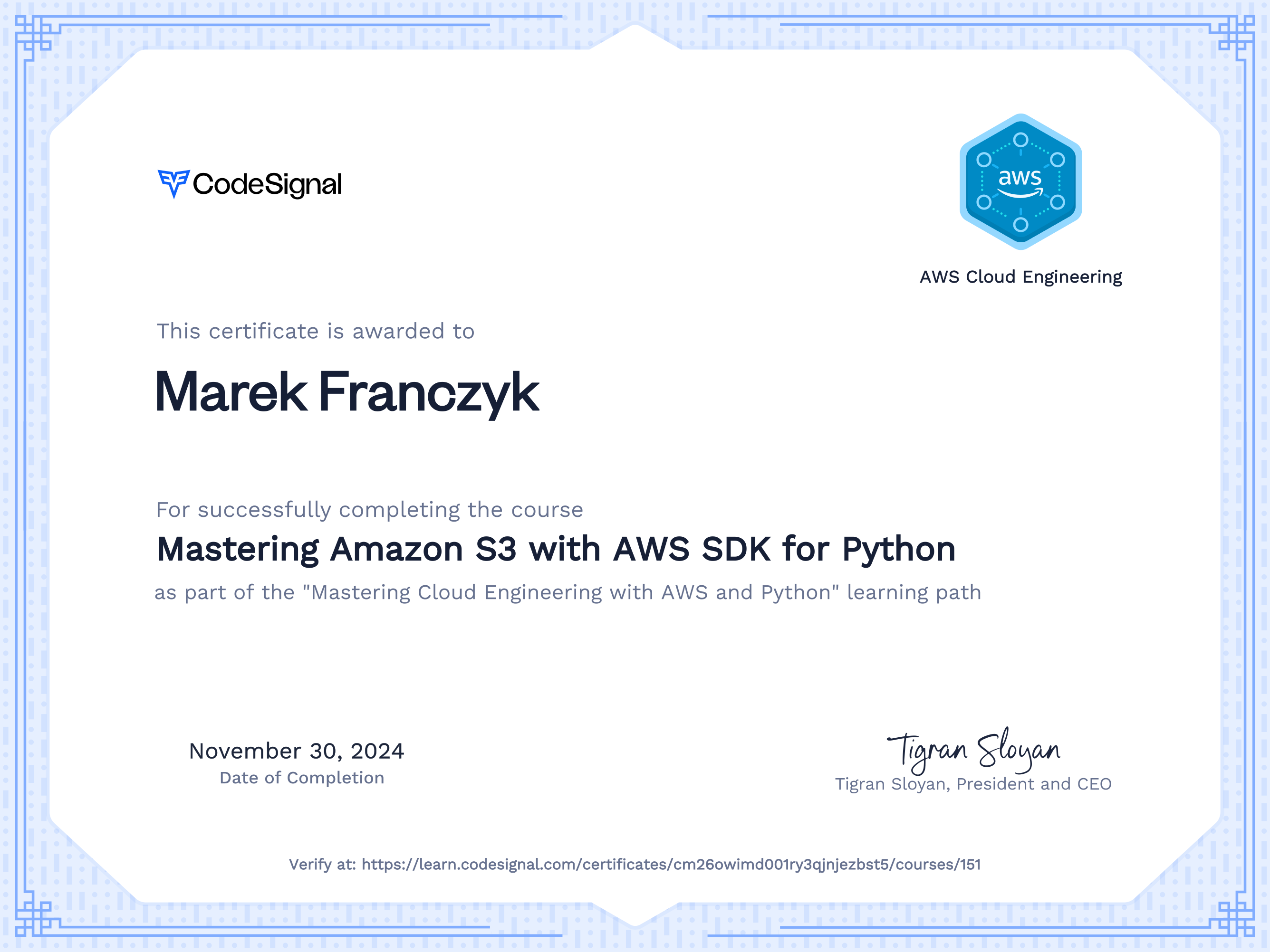 Course certificate for Mastering Amazon S3 with AWS SDK for Python ...