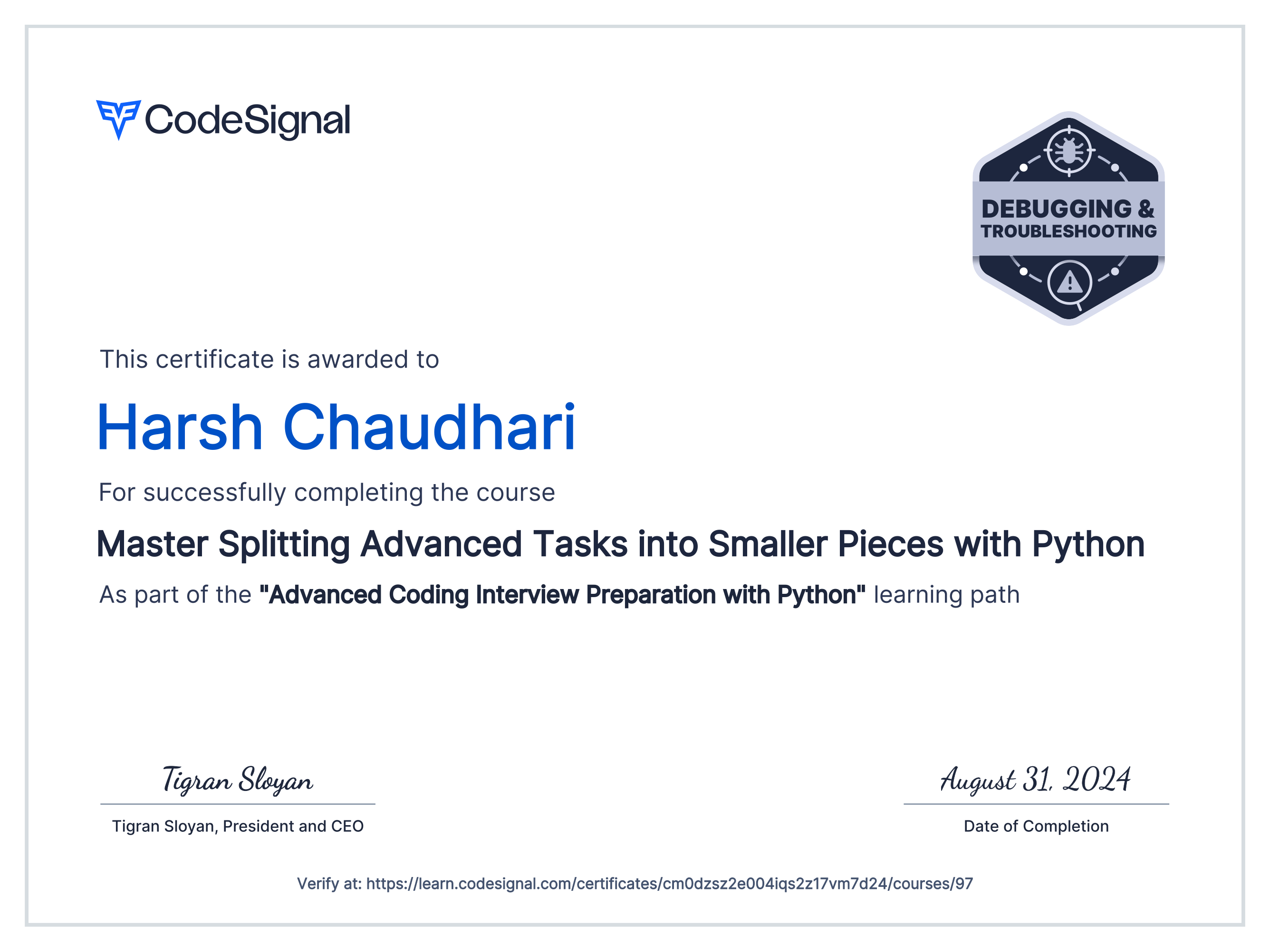 Course certificate for Master Splitting Advanced Tasks into Smaller Pieces with Python ...