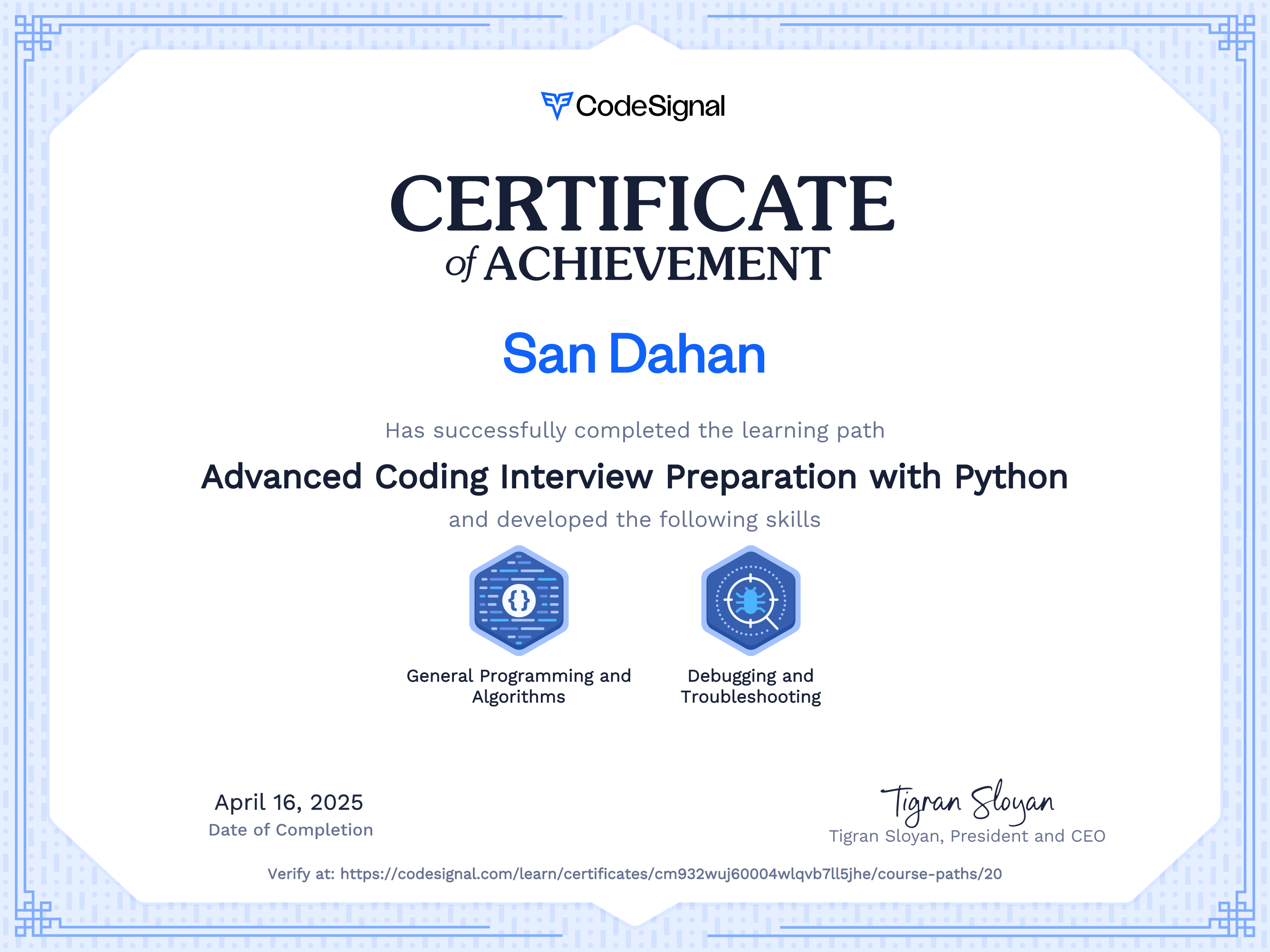 Path certificate for Advanced Coding Interview Preparation with Python | CodeSignal Learn
