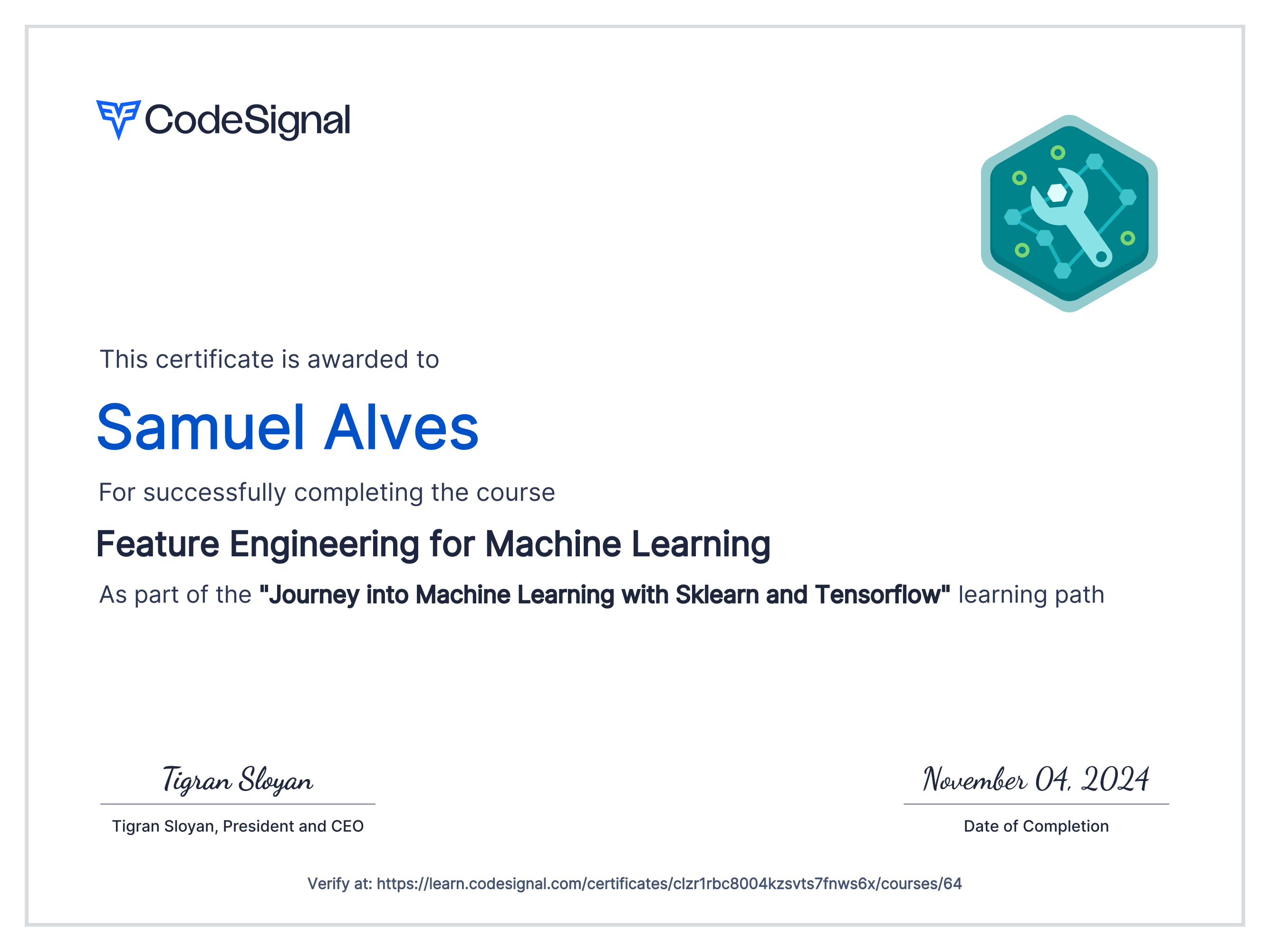 Course Certificate For Feature Engineering For Machine Learning