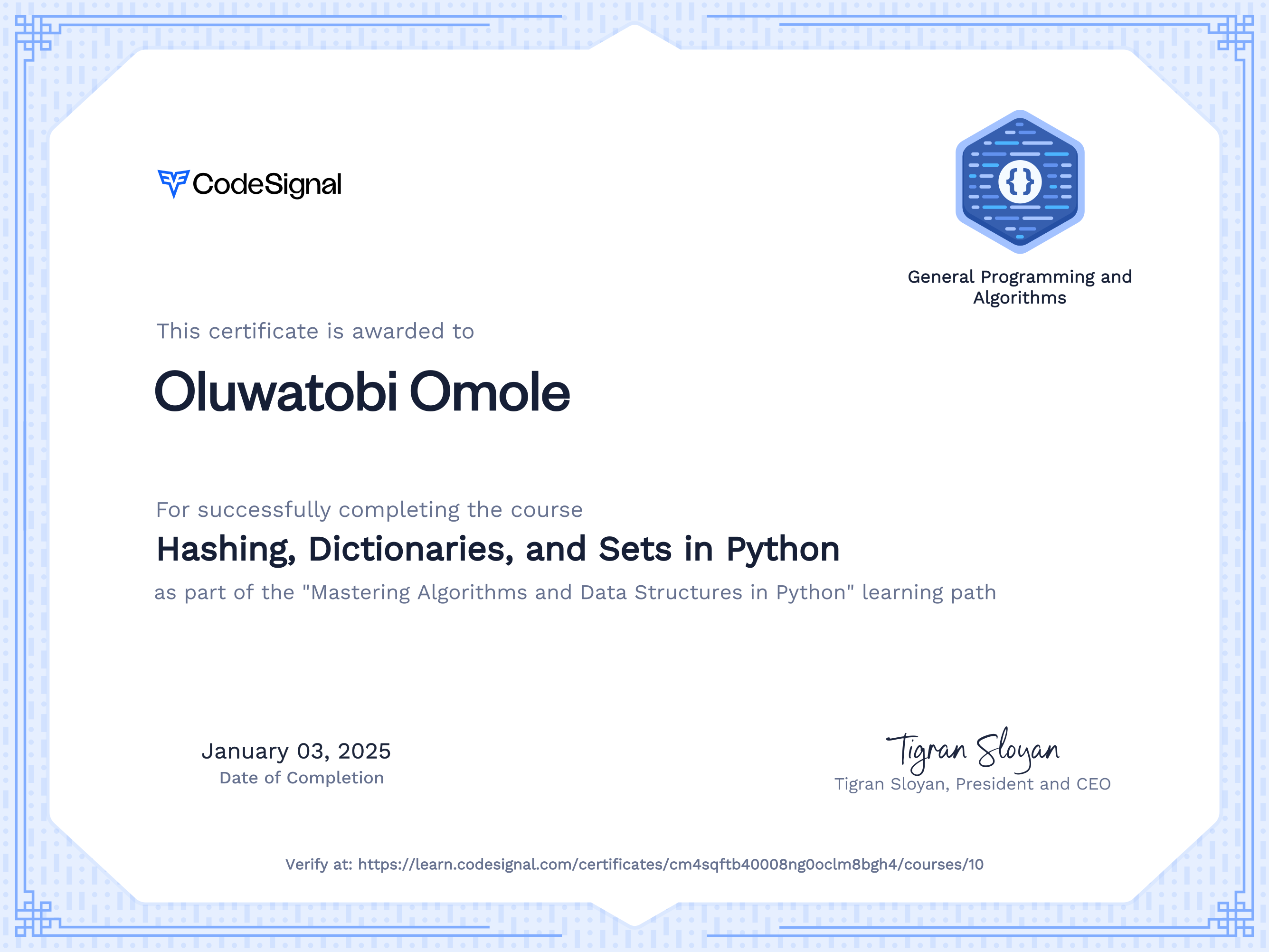 Course certificate for Hashing, Dictionaries, and Sets in Python | CodeSignal Learn