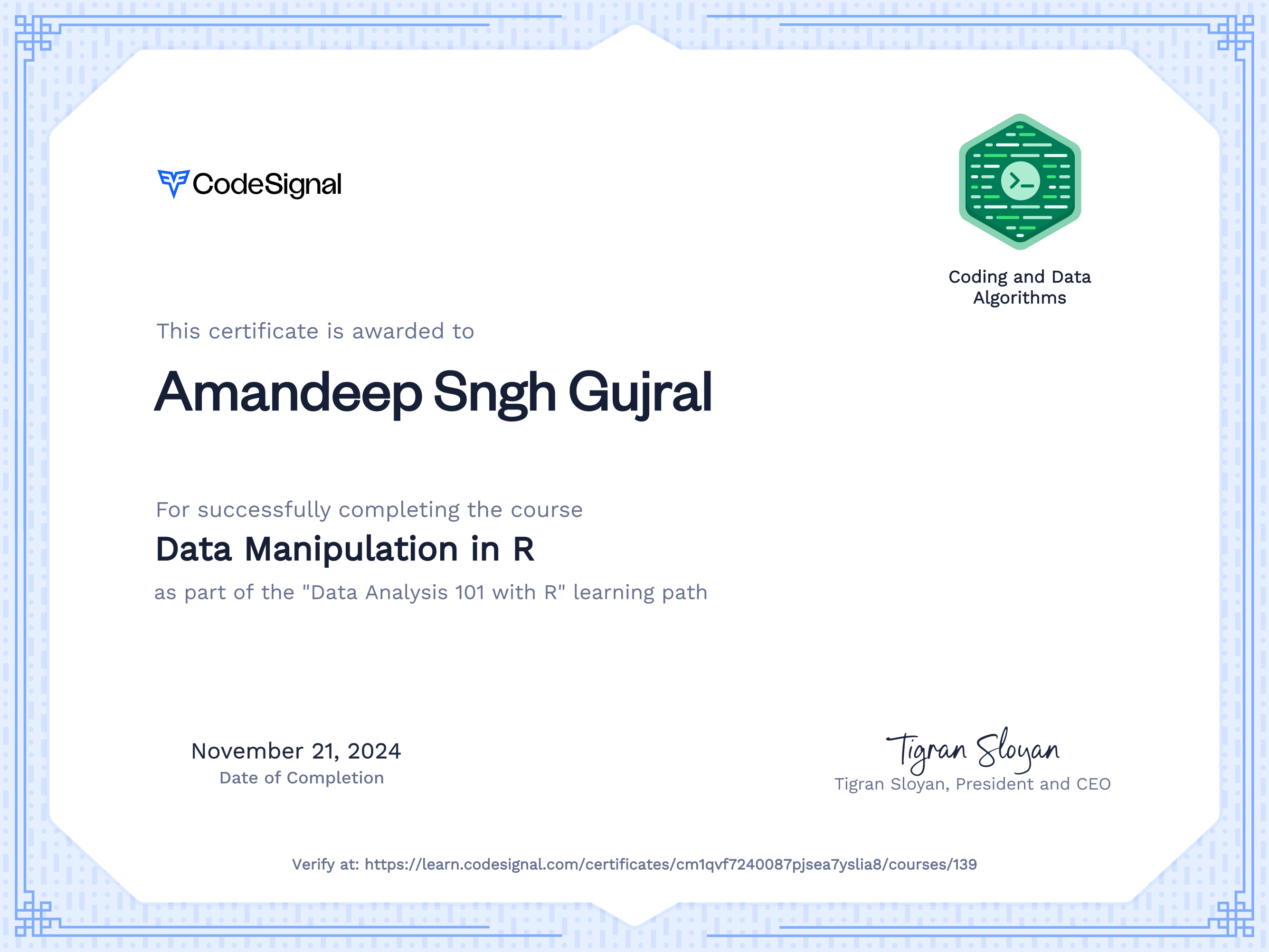 Course certificate for Data Manipulation in R | CodeSignal Learn
