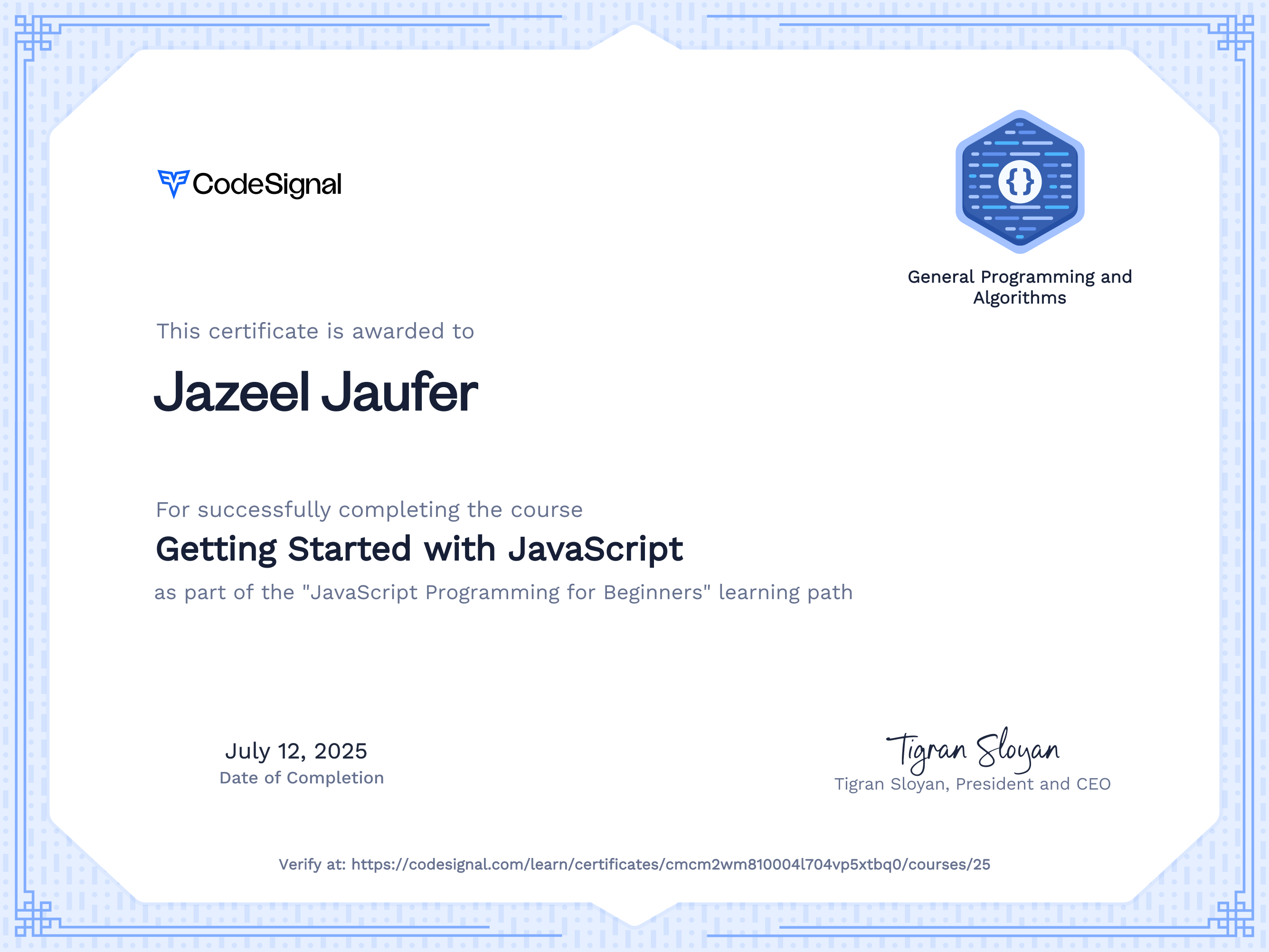 Course certificate for Getting Started with JavaScript | CodeSignal Learn