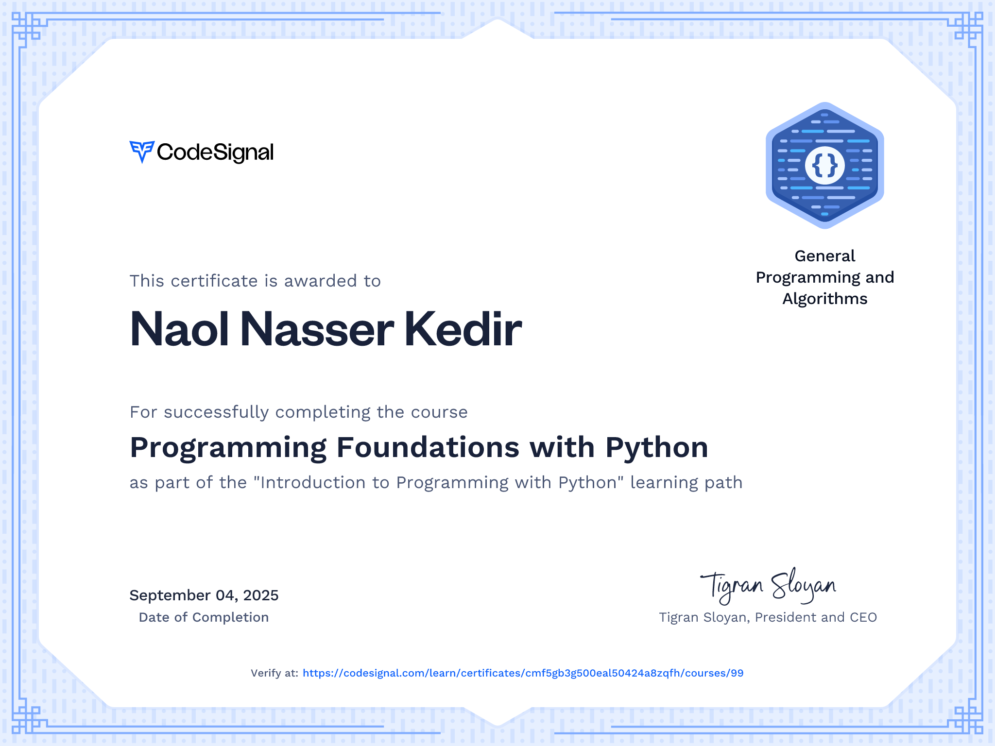 Course certificate for Programming Foundations with Python | CodeSignal ...
