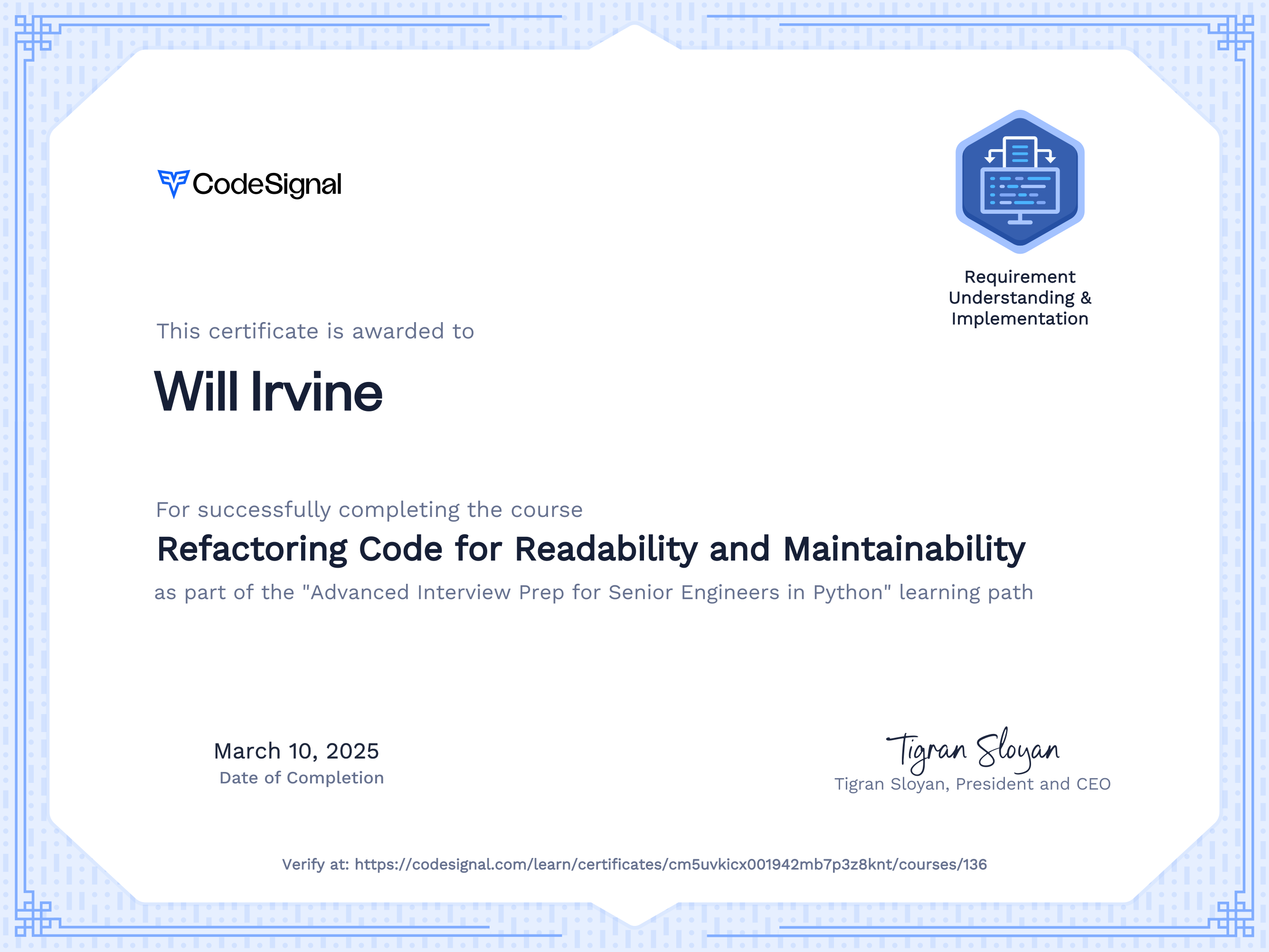 Course Certificate For Refactoring Code For Readability And Maintainability Codesignal Learn