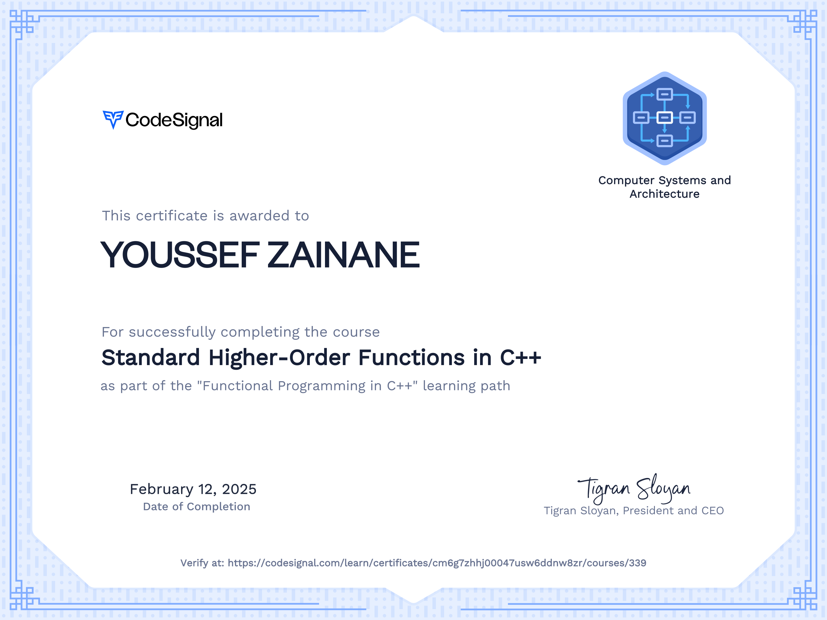 Course certificate for Standard Higher-Order Functions in C++ | CodeSignal Learn