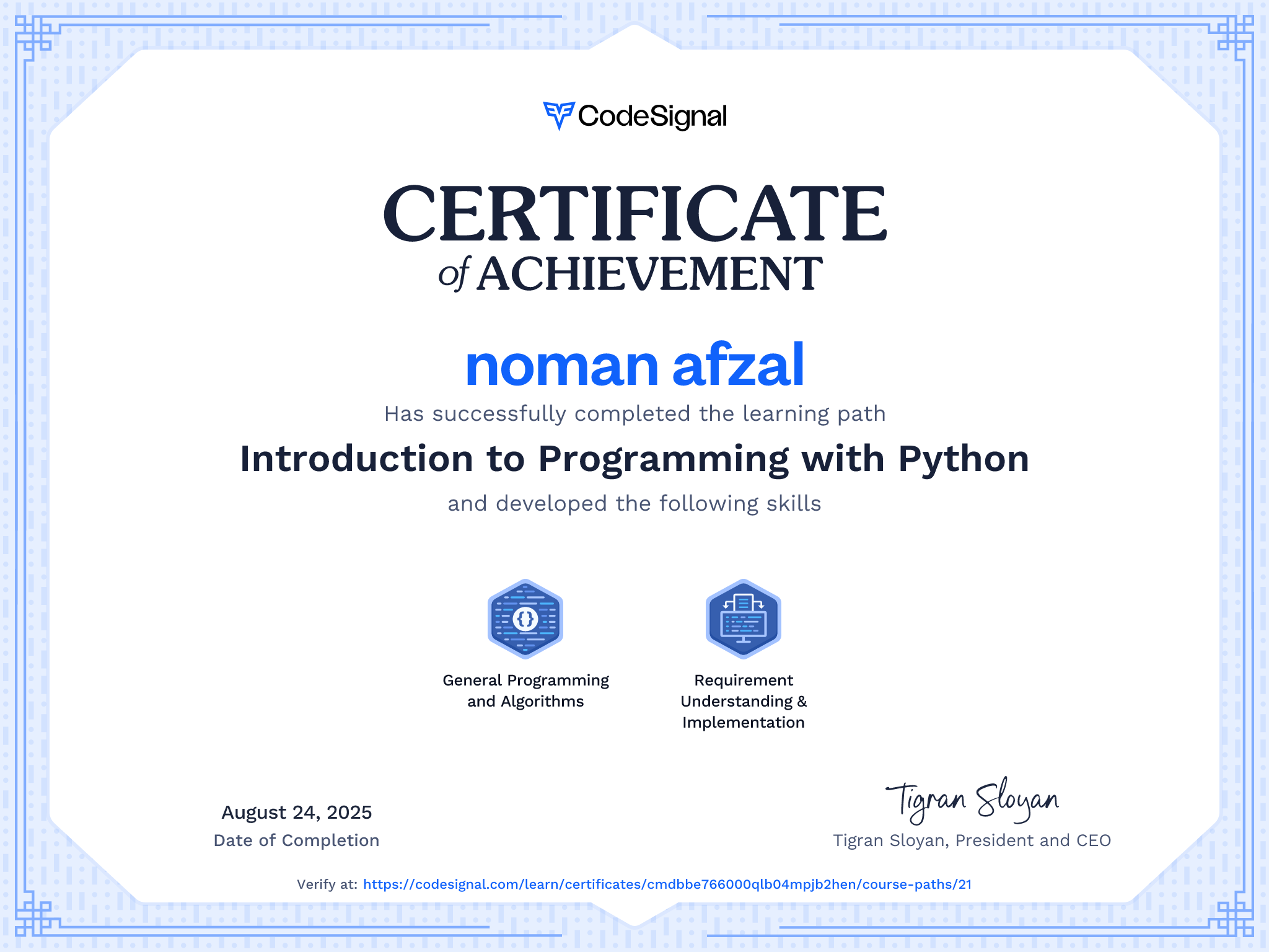 Path certificate for Introduction to Programming with Python | CodeSignal Learn